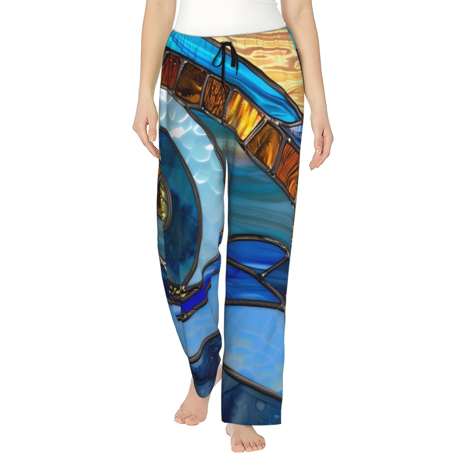 Qekee Stained Glass Ocean Wave Print Women Lounge Pants,Pajama Pants ...