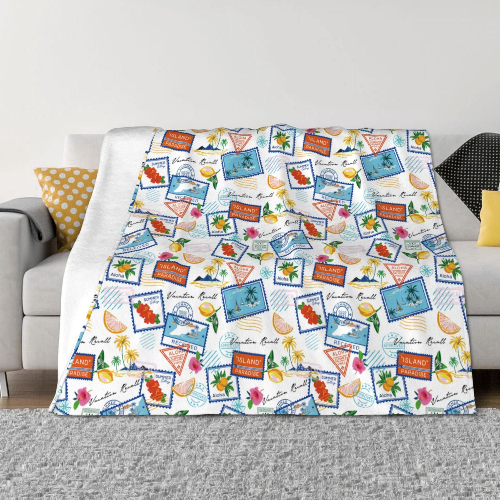Qekee Stamp print Throw Blanket, Cotton Flannel Home Decor, All Season ...