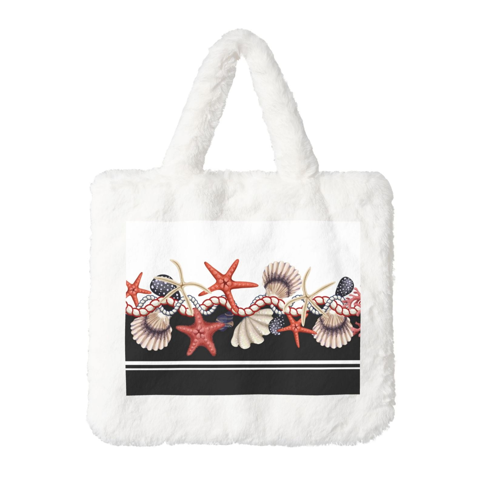 Qekee Starfishes Shells Print Plush Underarm Bag, Ladies Fluffy ...