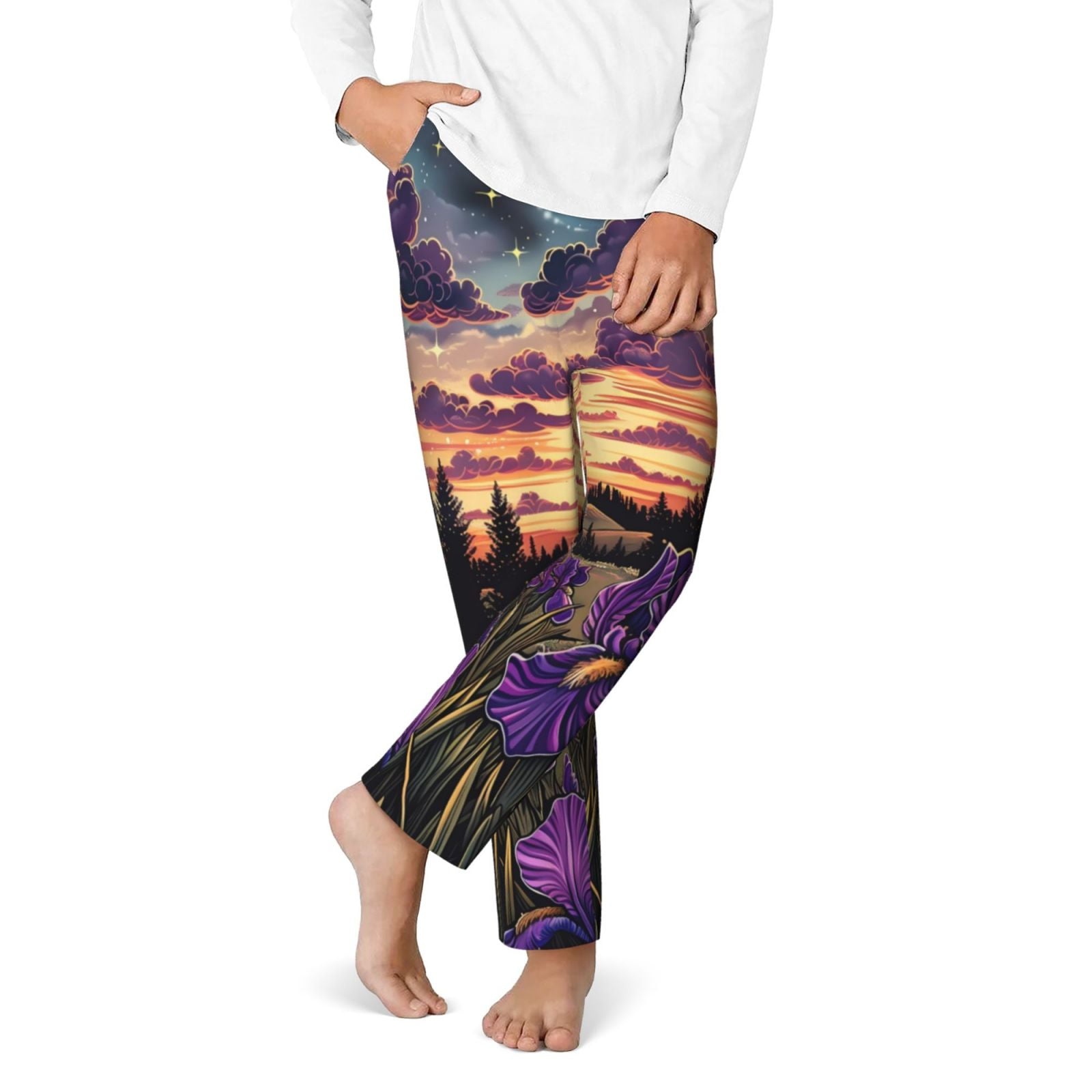 Qekee Starry Night Purple Irises Print Kids Pajama Pants, Teenagers ...