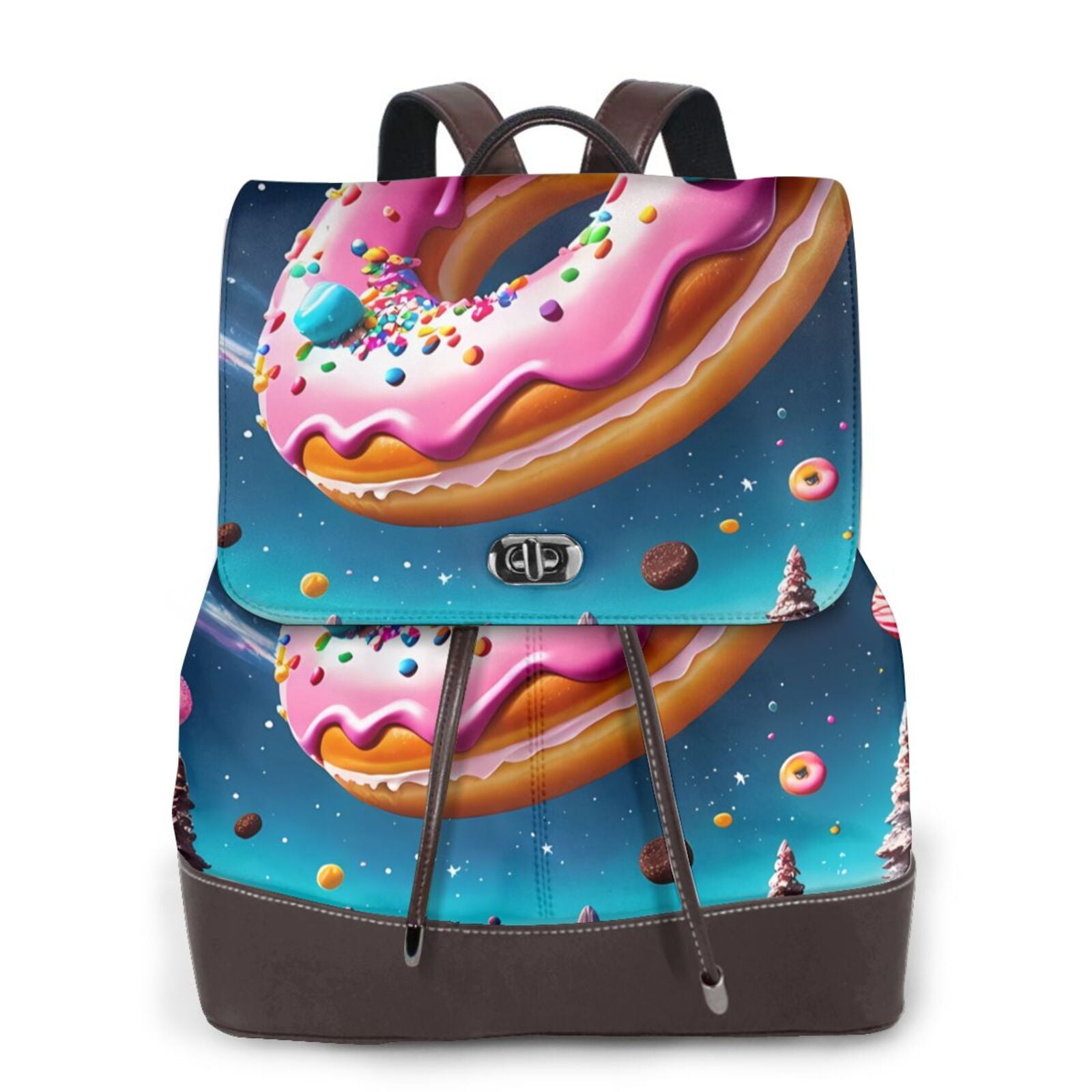 Qekee Starry Sky Pine Tree Donut Print Leather Backpack Purse for Women ...