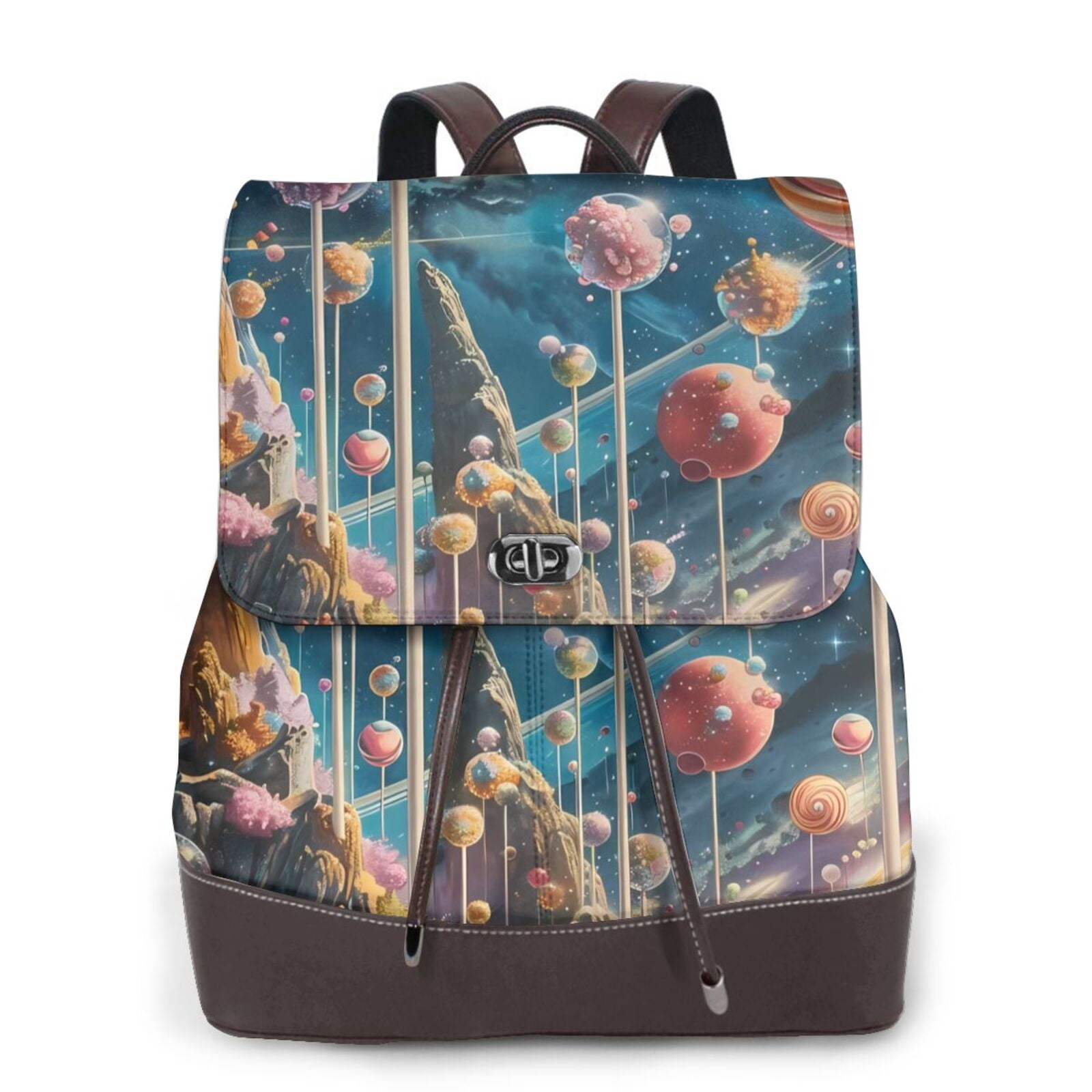 Qekee Starry Sky Planet Lollipop Print Leather Backpack Purse for Women ...