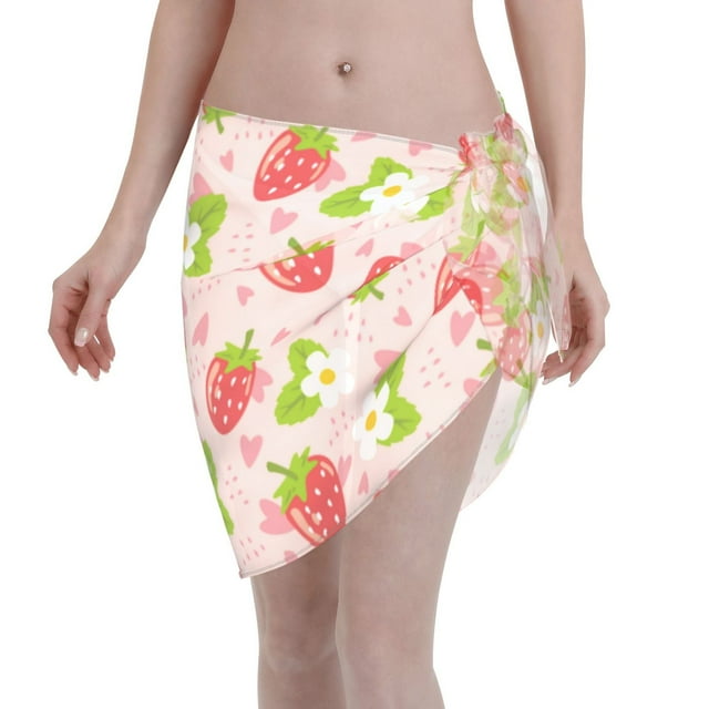 Qekee Strawberry Floral Womens Short Sarongs Cover Ups Sheer Bikini