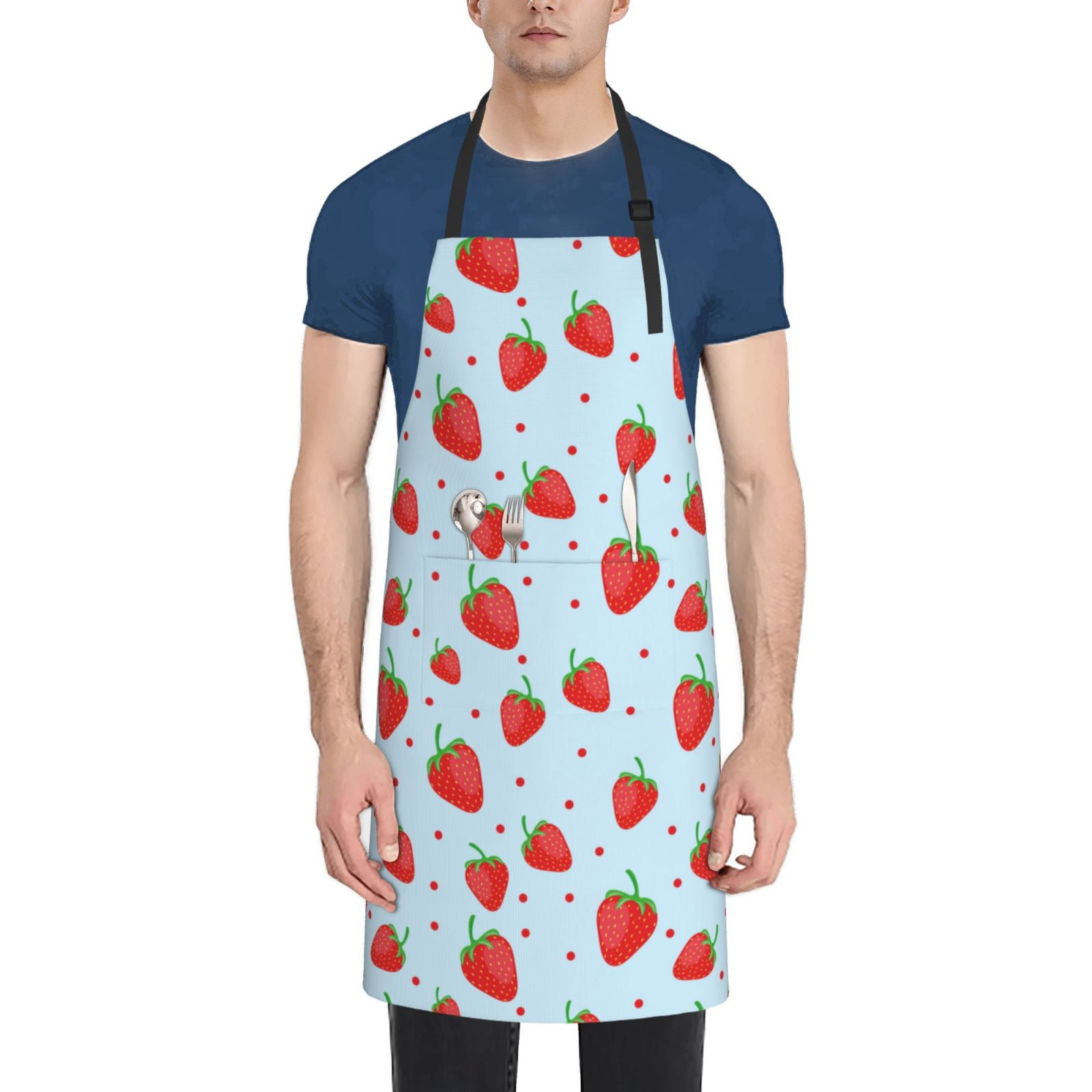 Qekee Strawberry Print Waterproof Apron with Pockets Adjustable Cooking ...