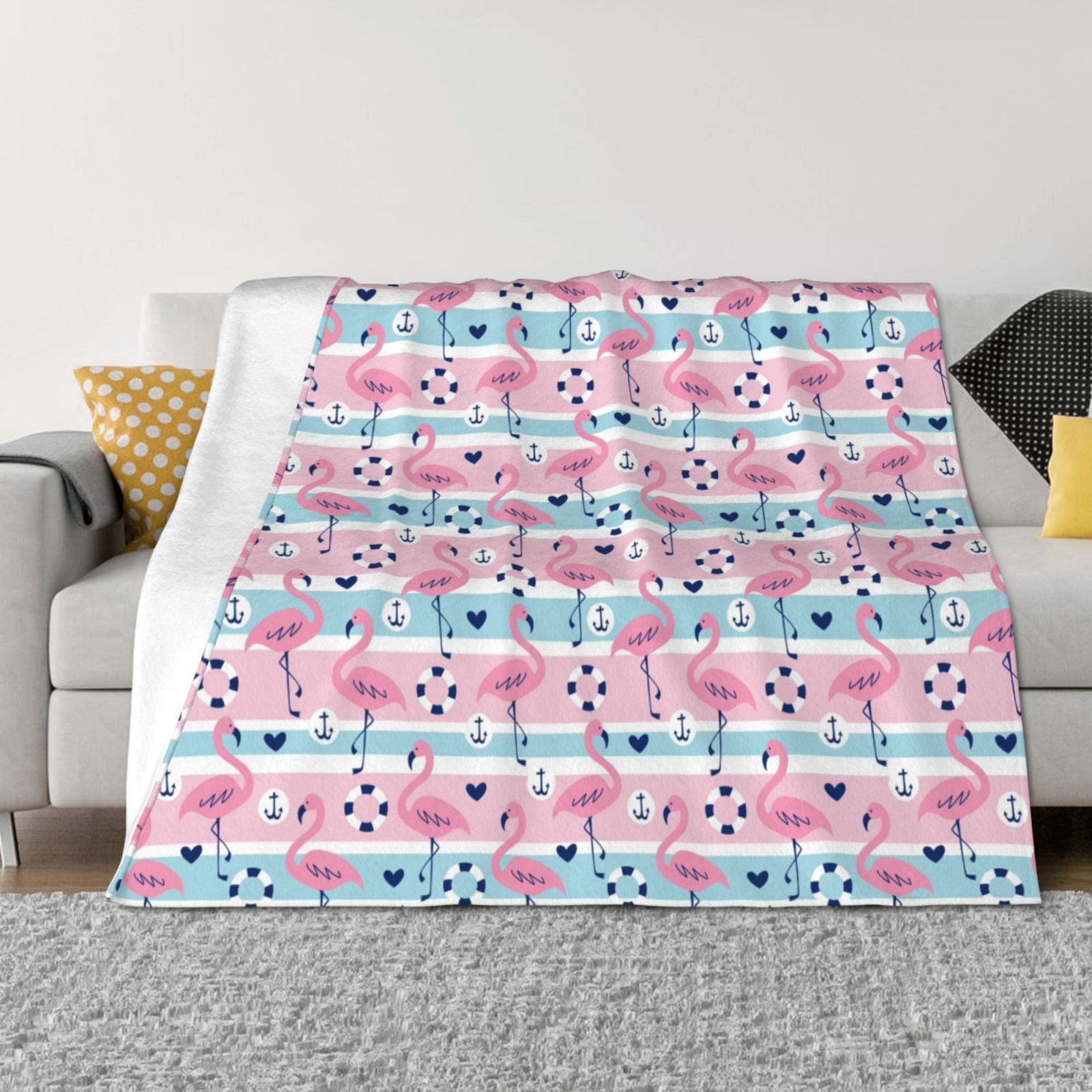 Qekee Striped Flamingo print Throw Blanket, Cotton Flannel Home Decor ...