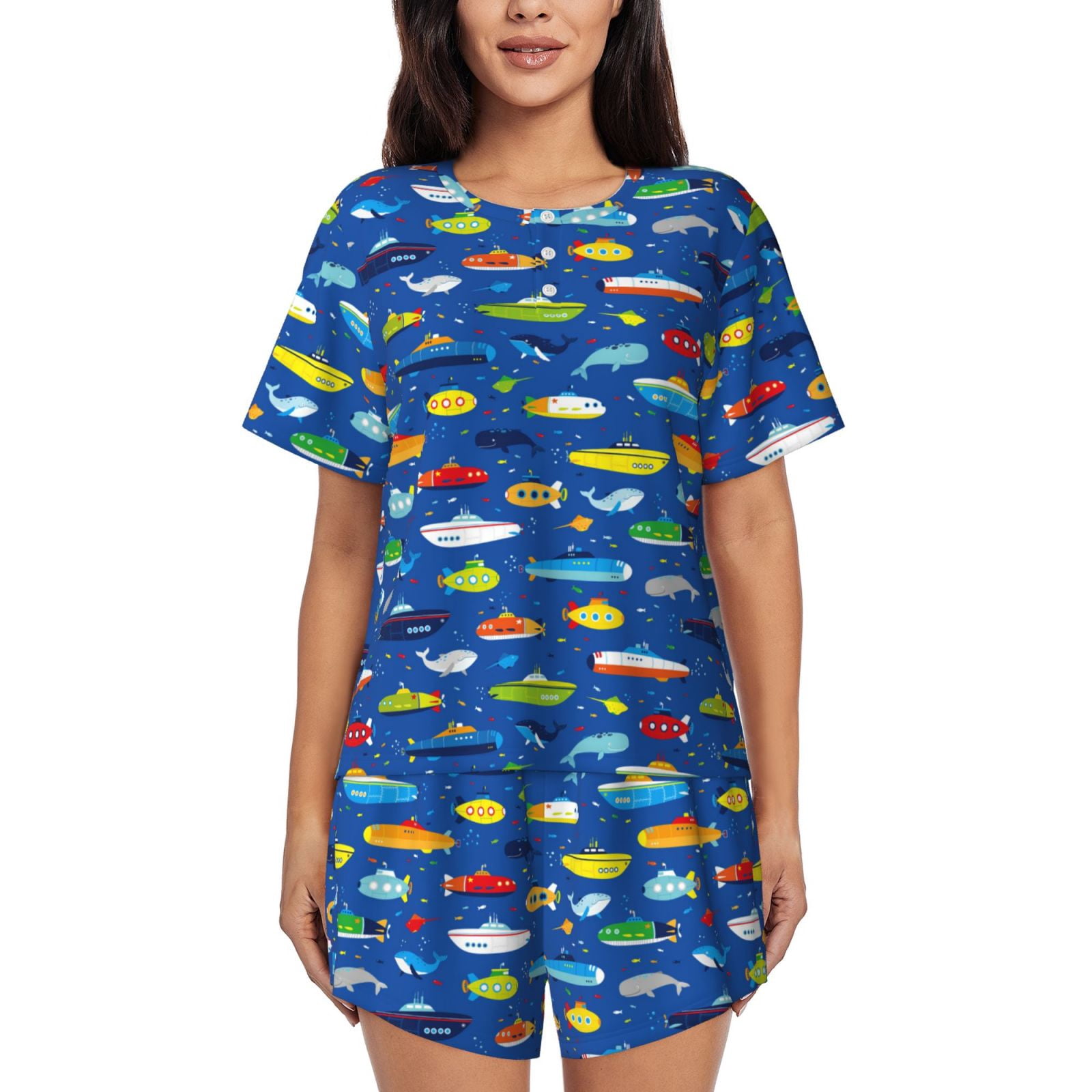 Qekee Submarines And Whales Women's Pajama Set Short Sleeve Sleepwear ...