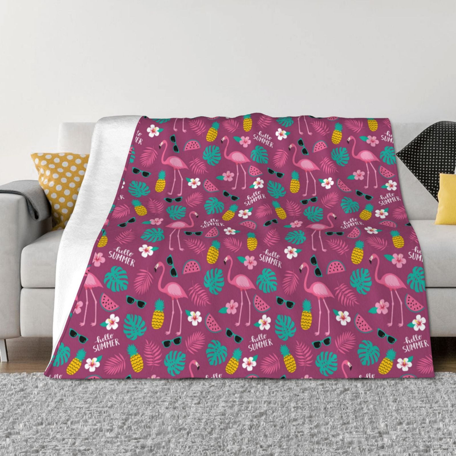 Qekee Summer Flamingo print Throw Blanket, Cotton Flannel Home Decor ...