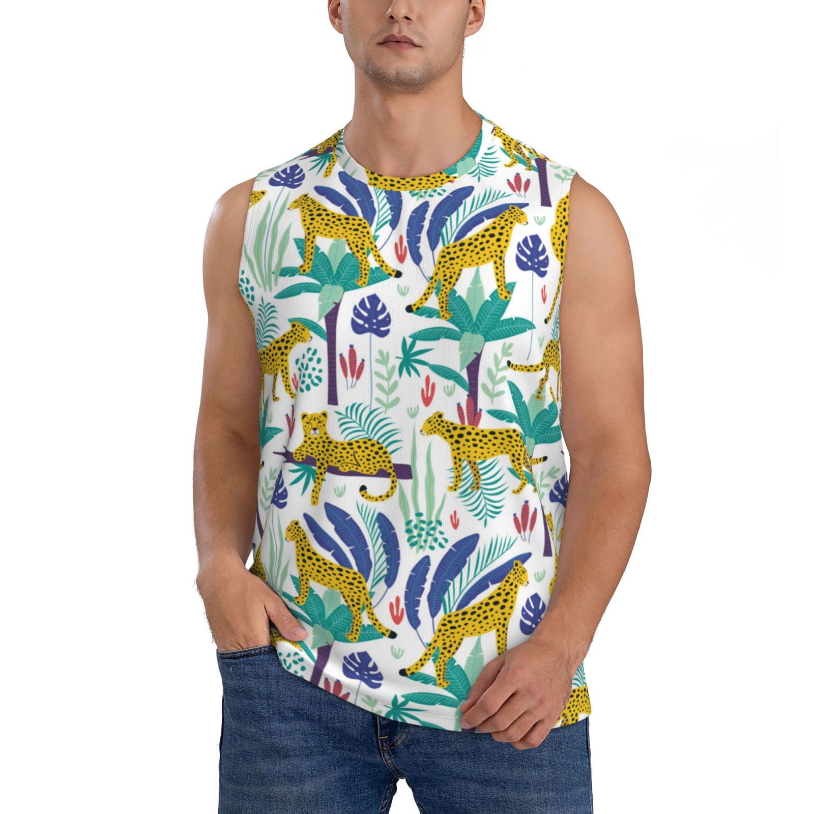 Qekee Summer Leopard print Men's Tank Top Sleeveless Tees Casual Sport T-Shirts Beach Tank Tops ...