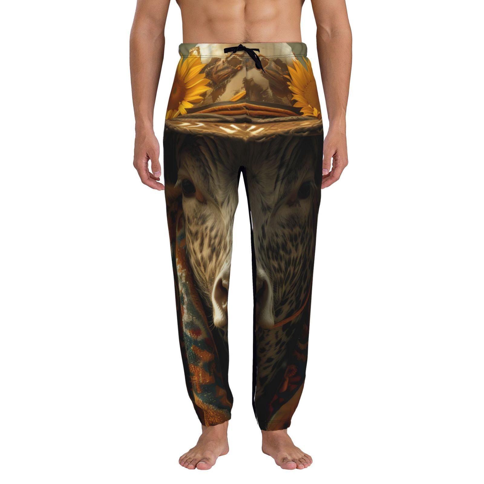 Qekee Sunflower Cowboy Hat Cow Pattern Mens Sweatpants, Men's Midweight ...