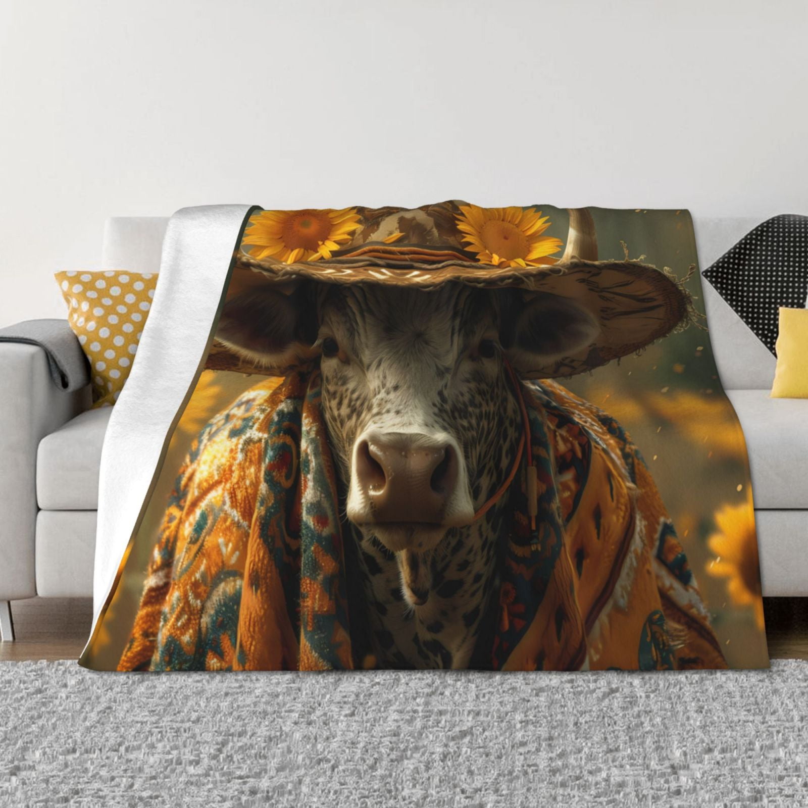 Qekee Sunflower Cowboy Hat Cow print Throw Blanket, Cotton Flannel Home ...