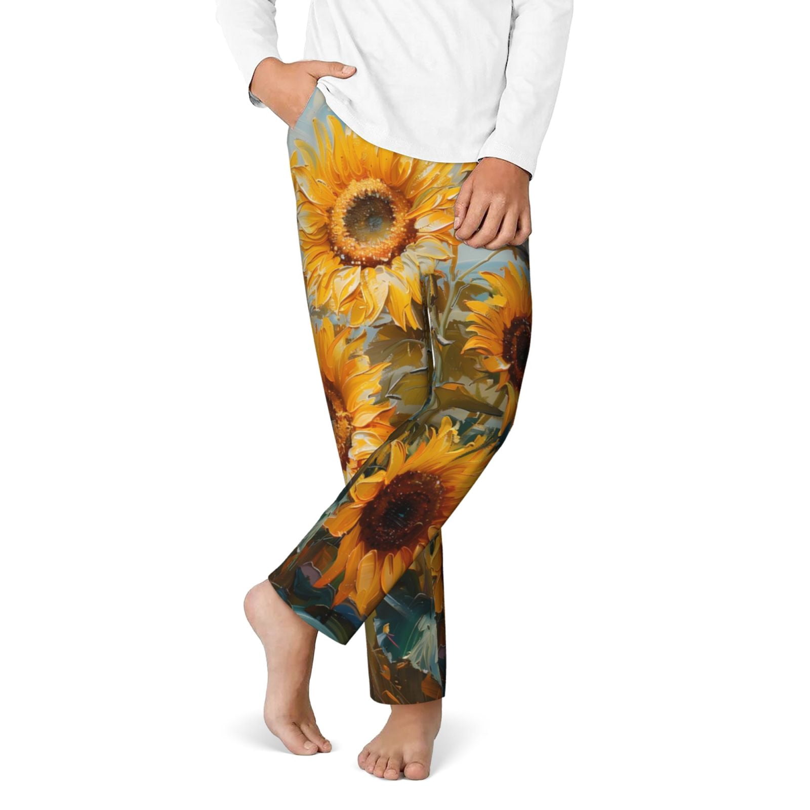 Qekee Sunflower Field Art Print Kids Pajama Pants, Teenagers' Bottom ...