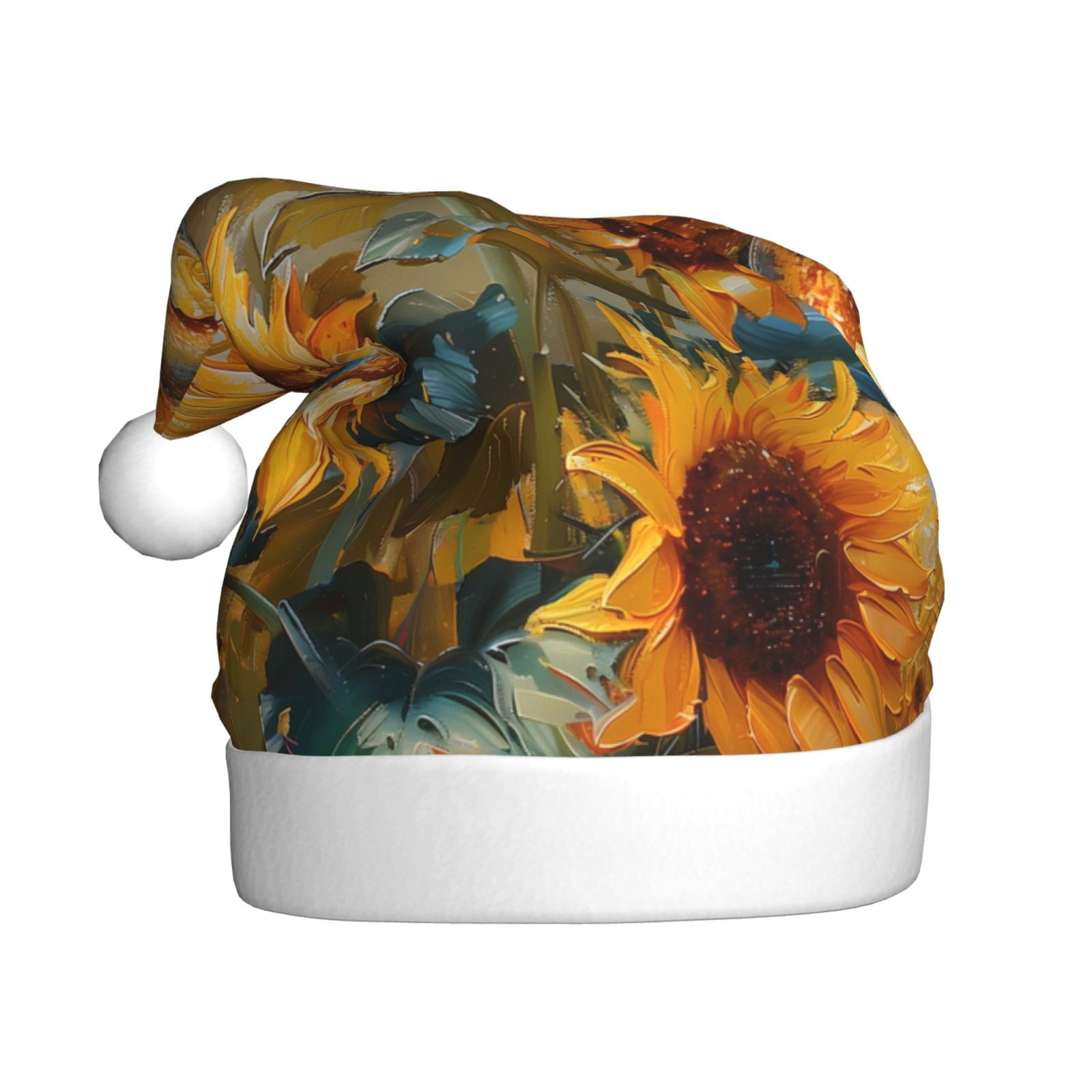 Qekee Sunflower Field Art for Fluffy Red Santa Hats Set Plush Brim and ...