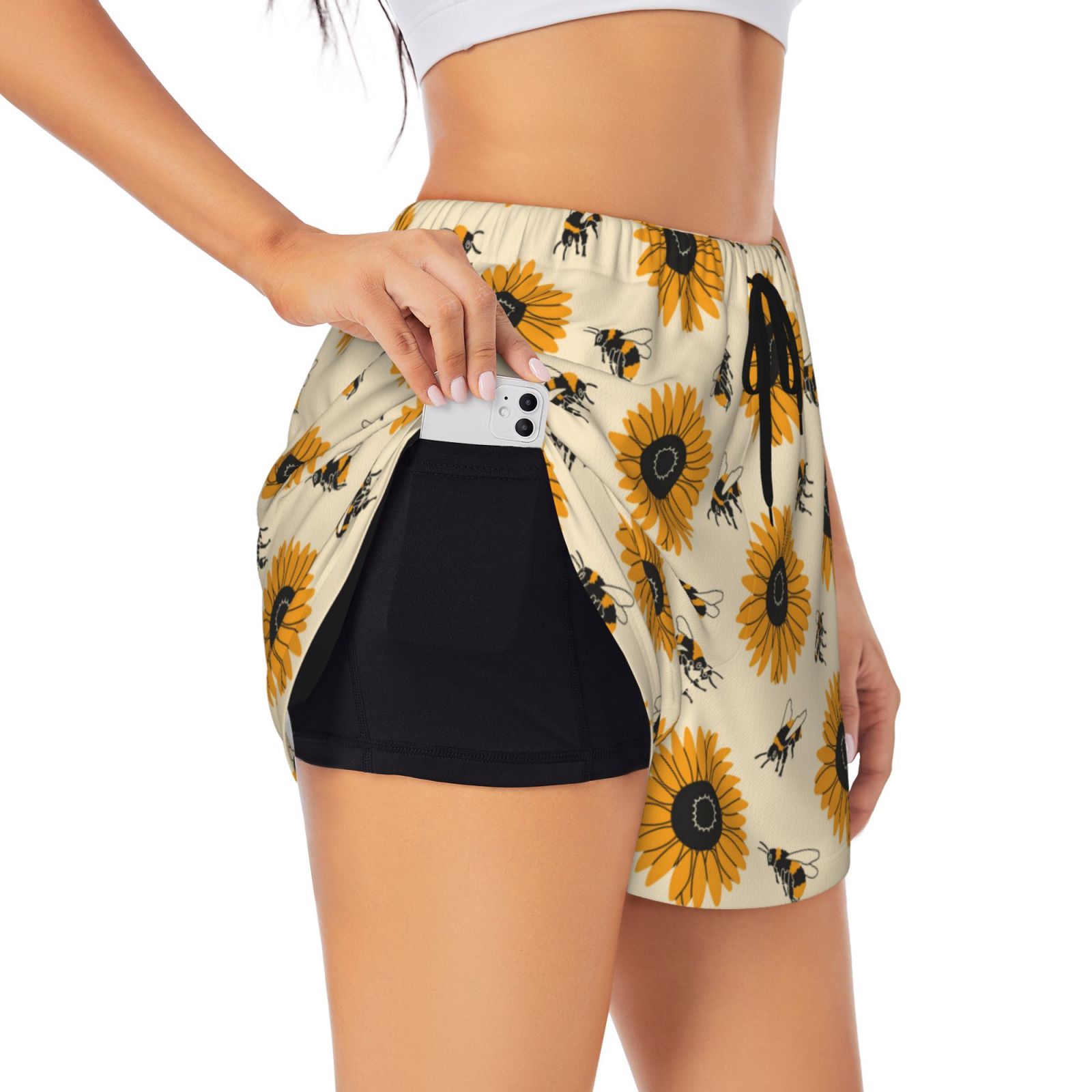Qekee Sunflowers And Bee for 2 in 1 Flowy Running Shorts for Women High ...
