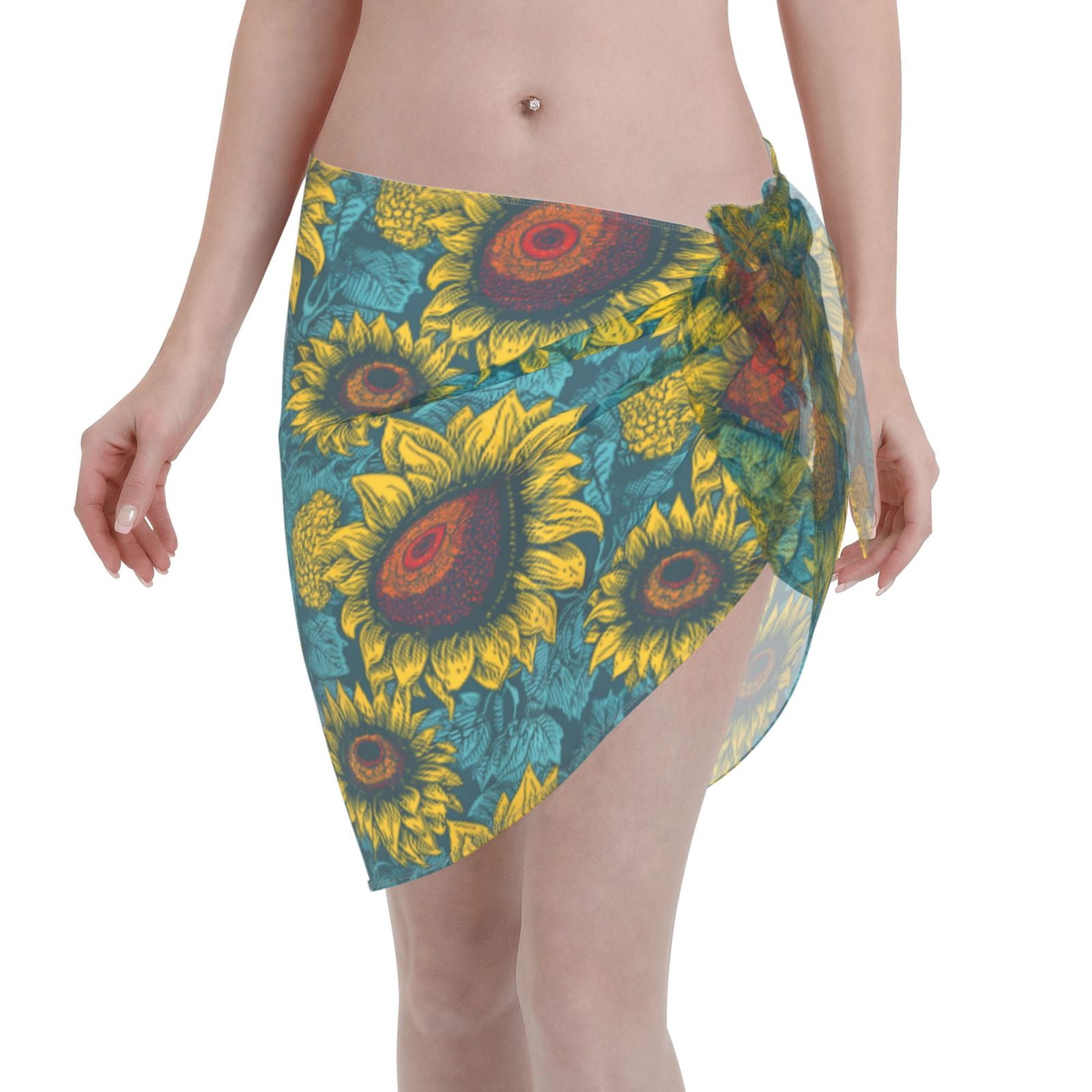 Qekee Sunflowers Women's Short Sarongs Cover Ups Sheer Bikini Wraps for ...