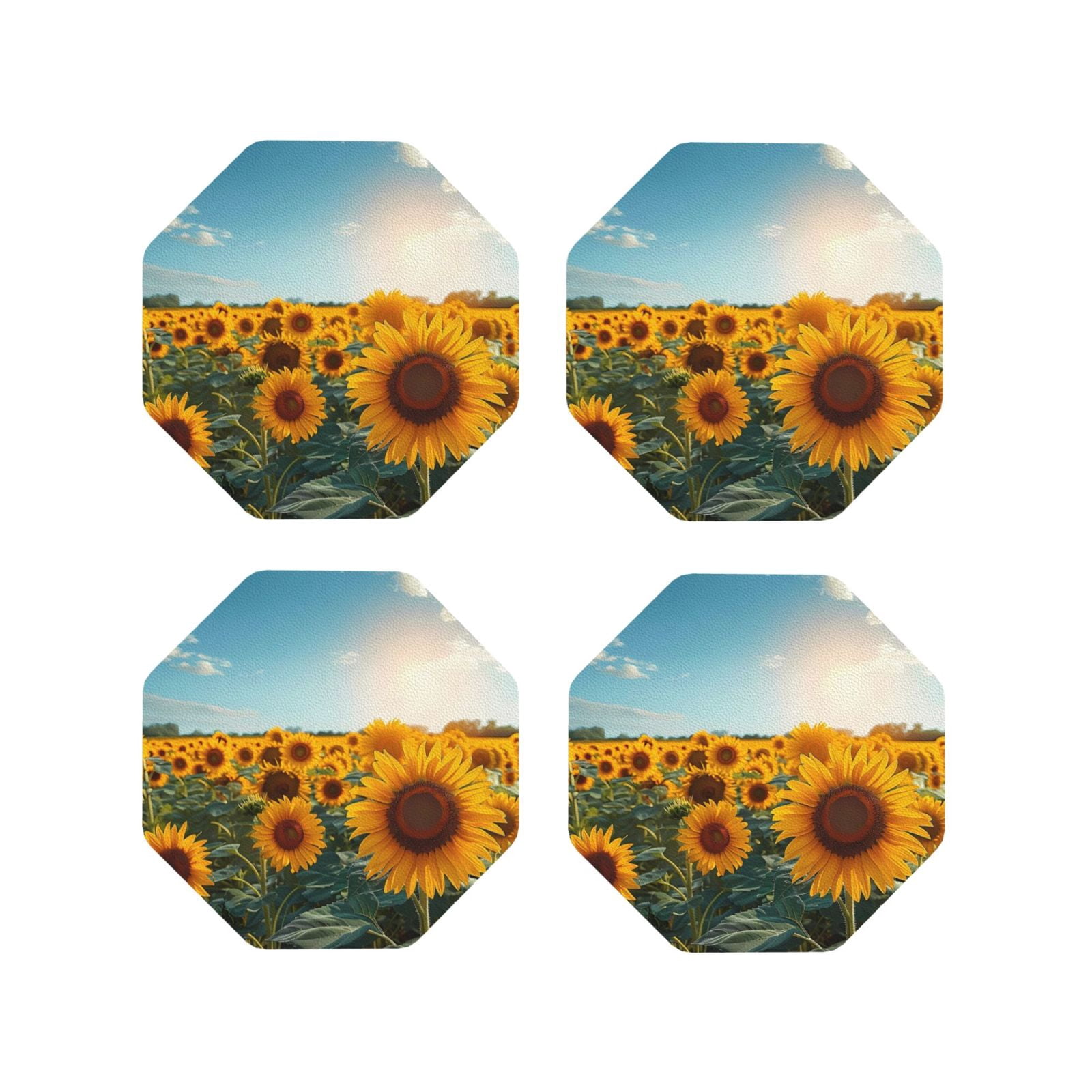 Qekee Sunlit Sunflower Field Print PU Leather Absorbent Coasters ...