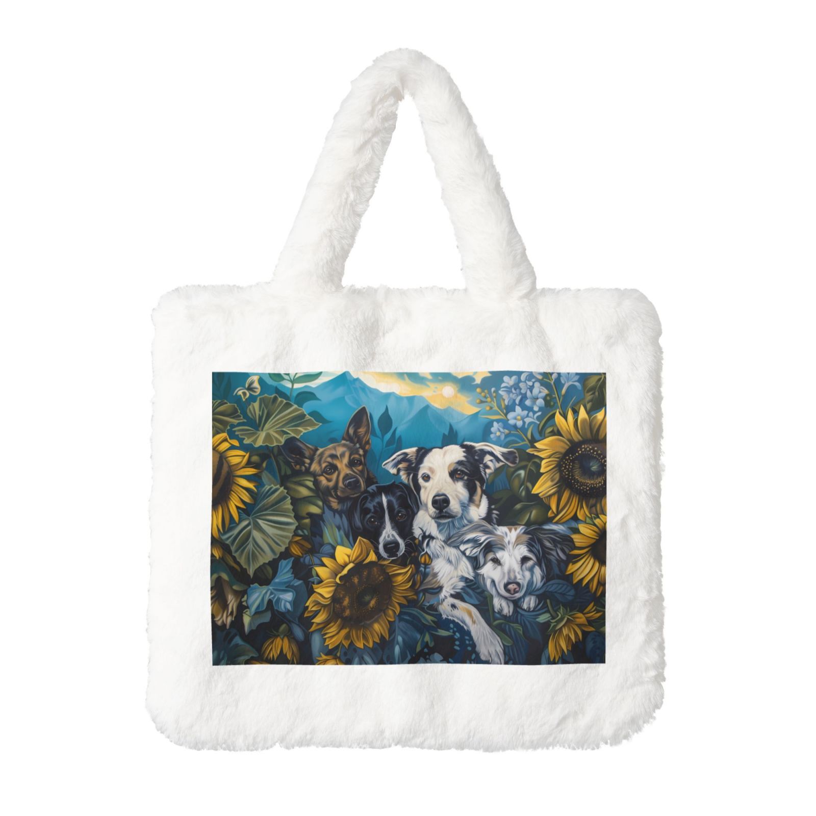 Qekee Sunset Sunflower Dog Print Plush Underarm Bag, Ladies Fluffy ...