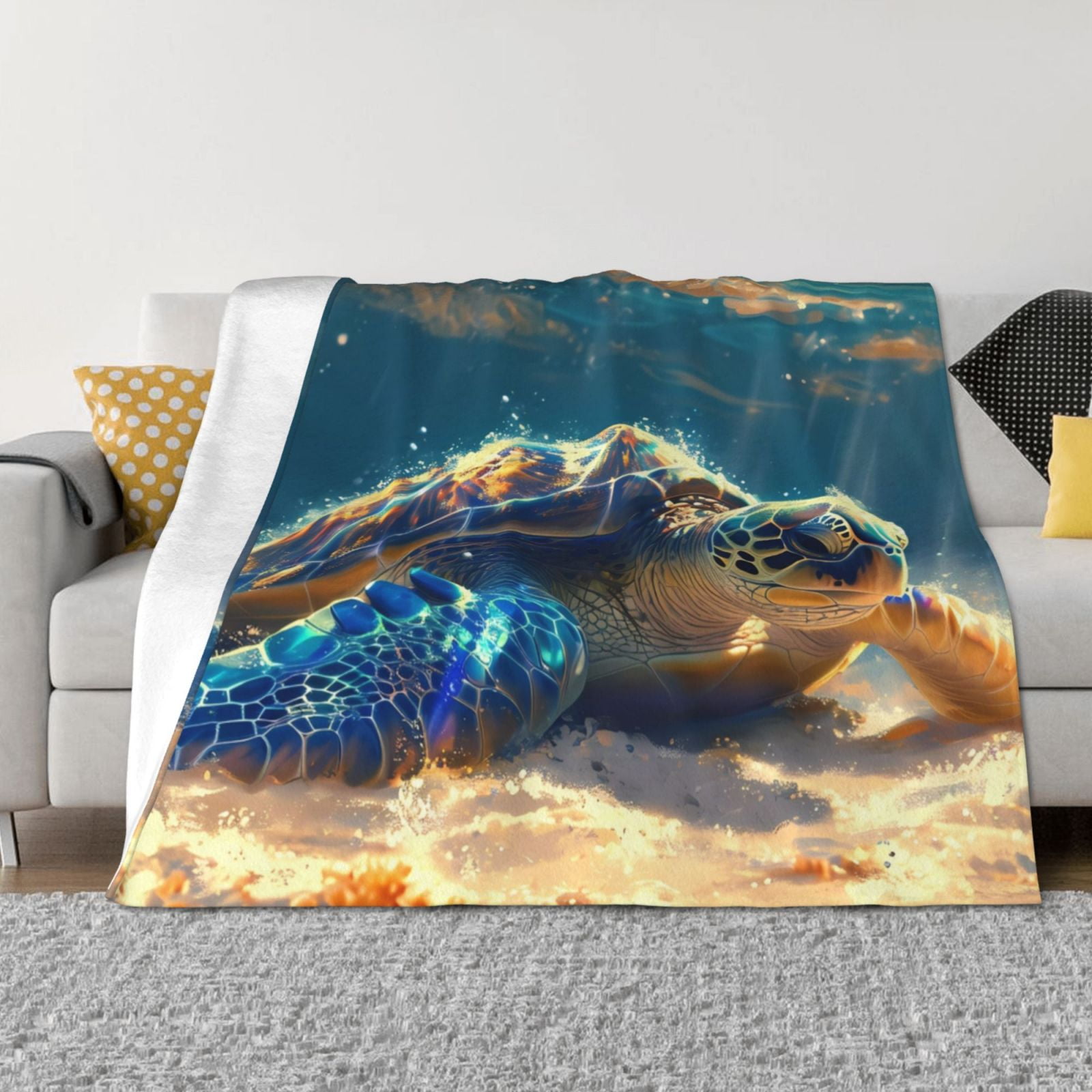Qekee Sunshine Underwater Sand Turtle print Throw Blanket, Cotton ...