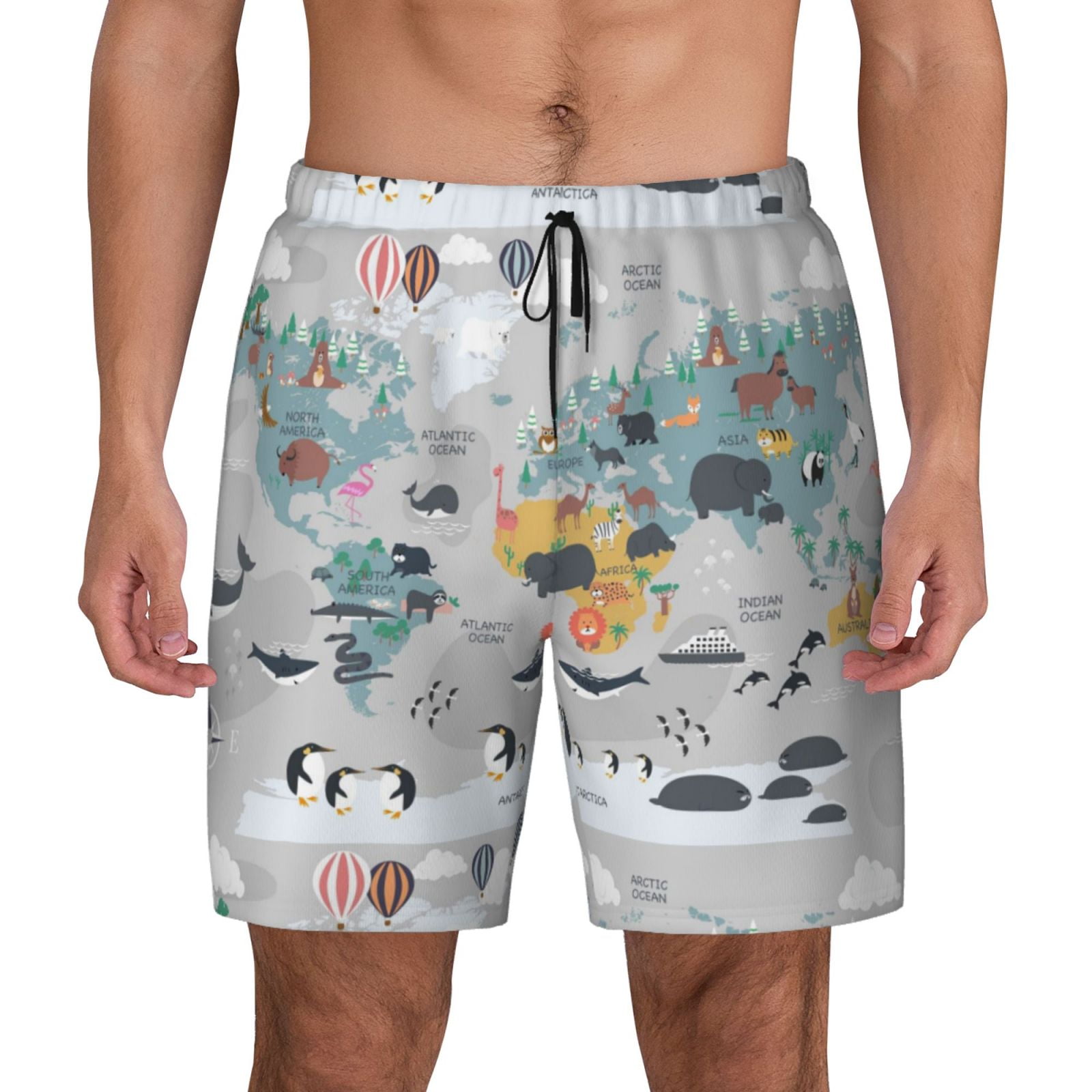Qekee The World Map with Cartoon Animals print Mens Swim Quick Dry ...