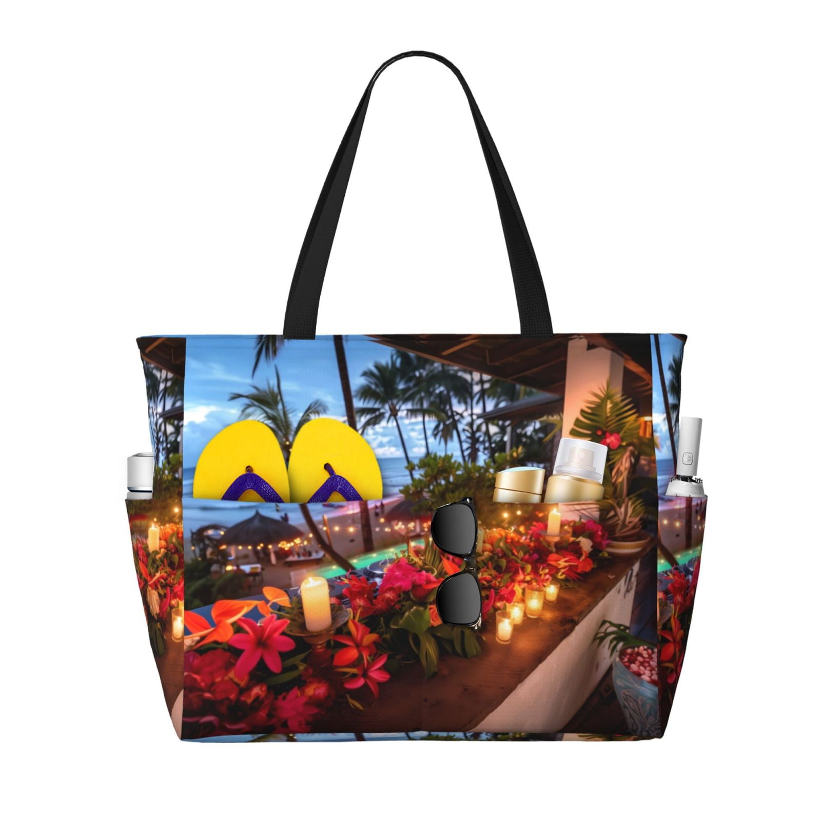 Qekee Tropical Beach Candlelight Print Beach Bag, Waterproof Sandproof ...