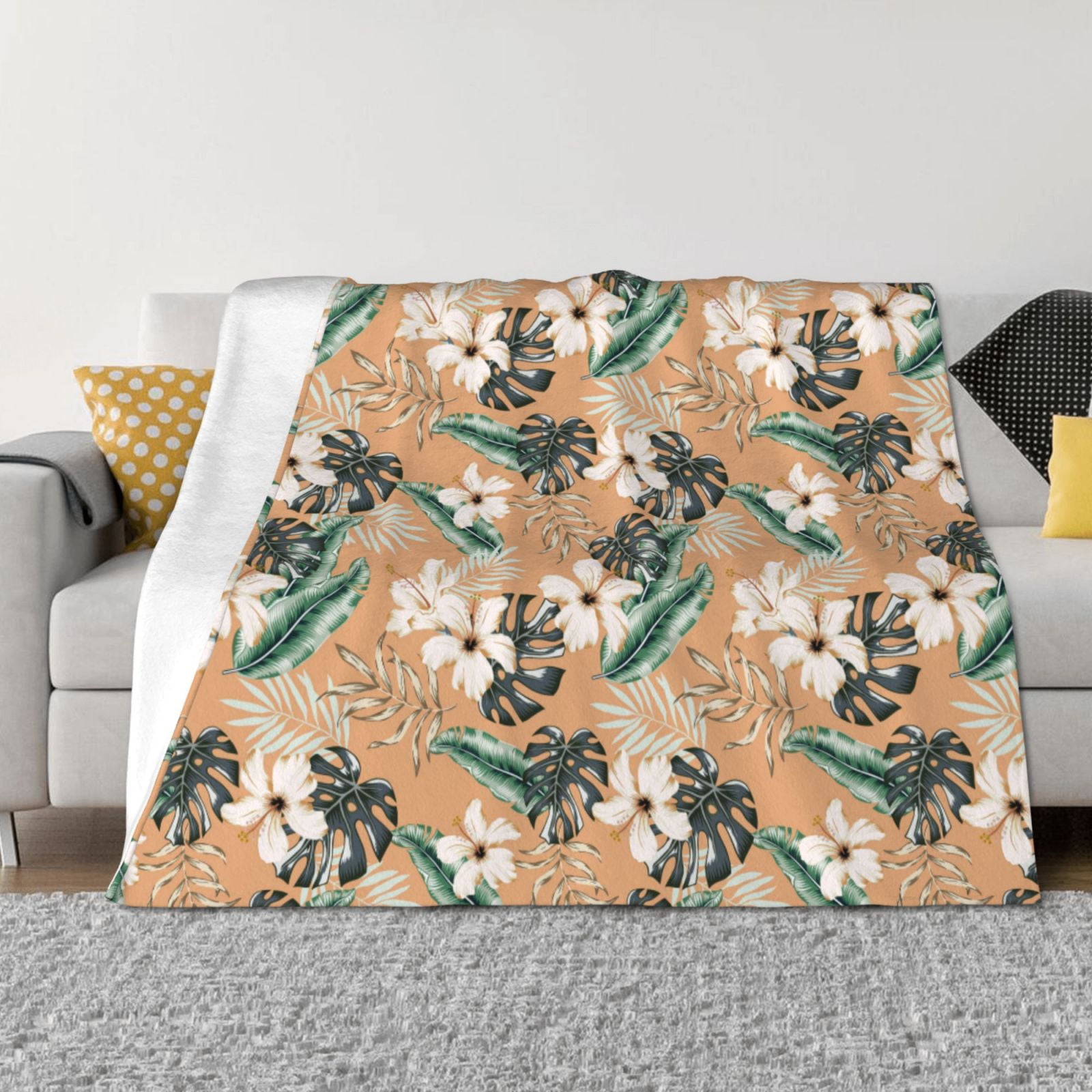 Qekee Tropical Leaves Flower print Throw Blanket, Cotton Flannel Home ...