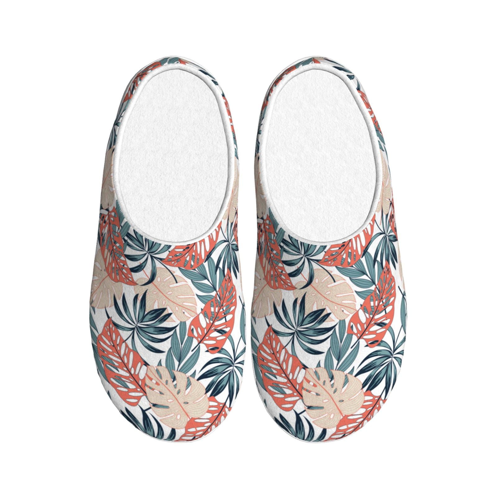Qekee Tropical Leaves Print TPR Cotton Slippers for Adults,Indoor Non ...
