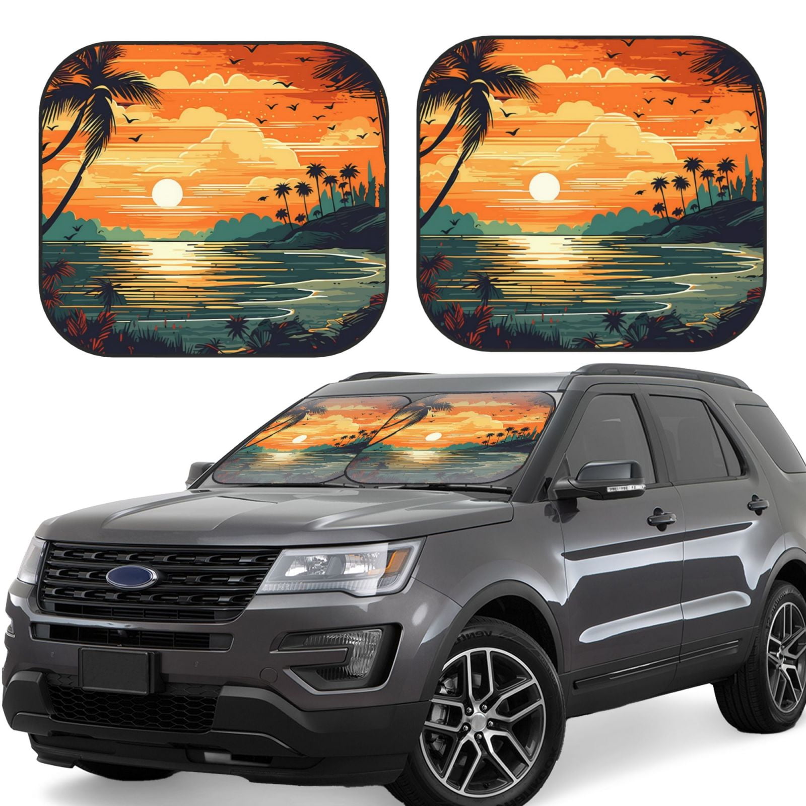 Qekee Tropical Sunset Paradise Print Windshield Sun Shade,Foldable 2 ...
