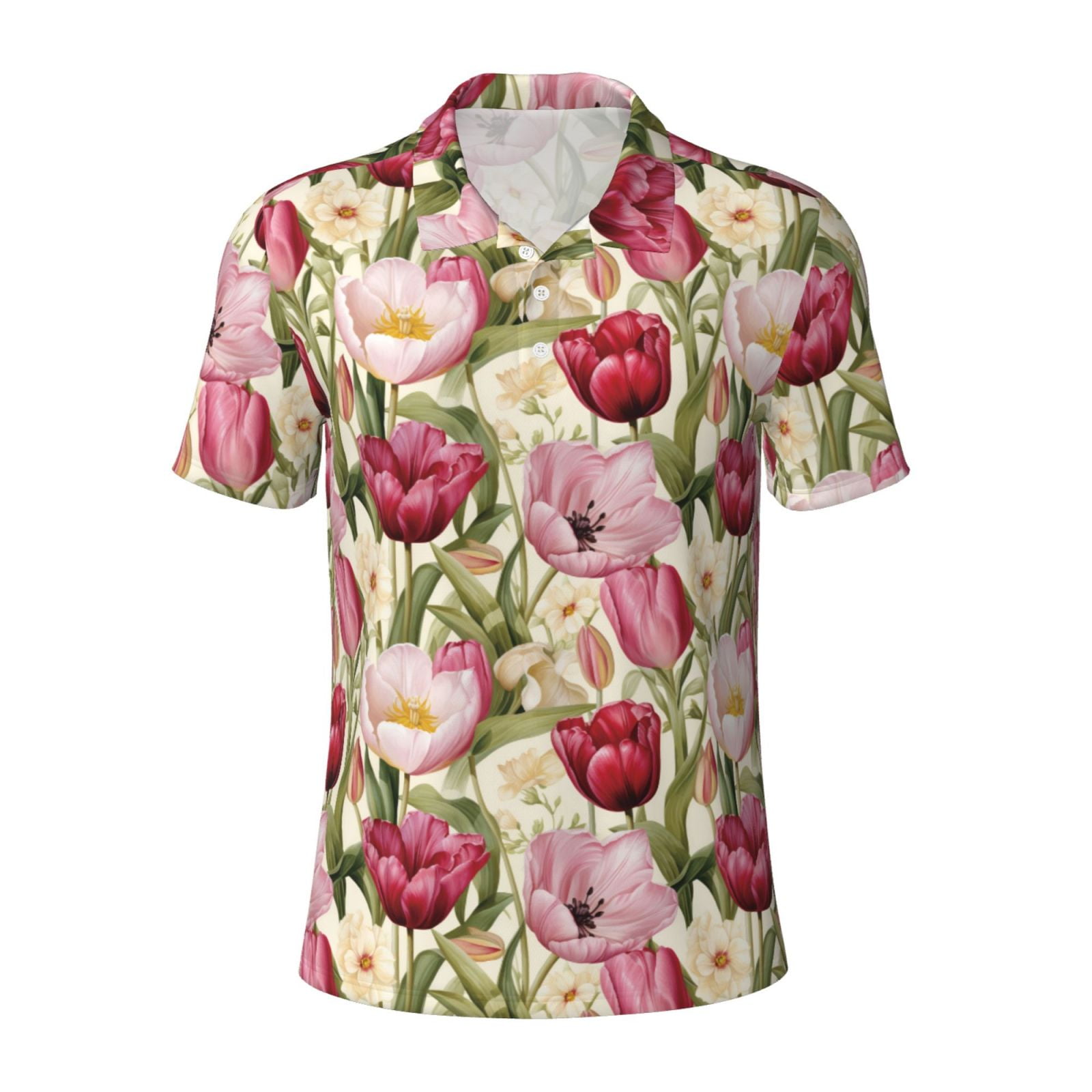 Qekee Tulips Flowers for Mens Polo Shirts Casual Short Sleeve Button ...