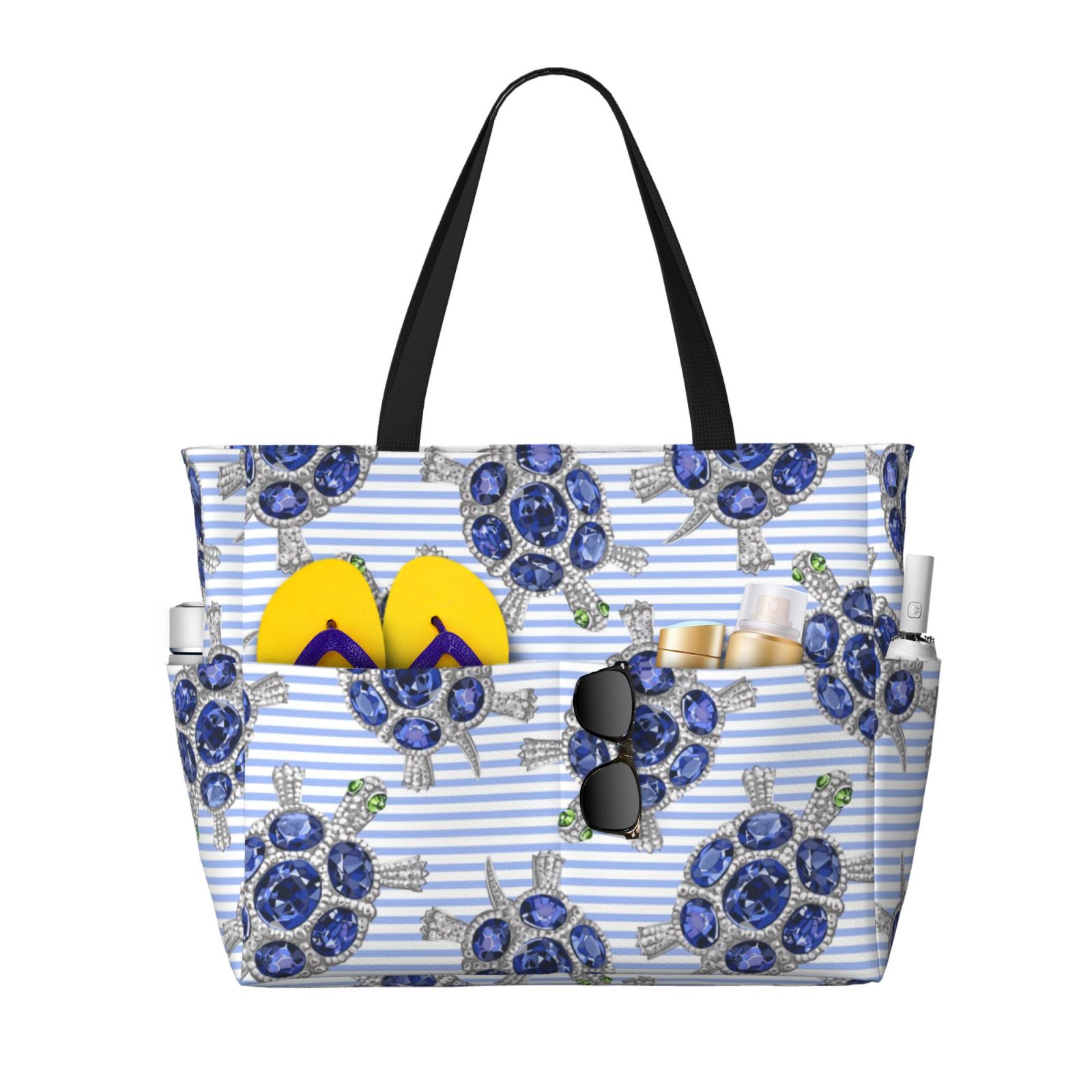Qekee Turtle with Blue Stones Print Beach Bag, Waterproof Sandproof ...
