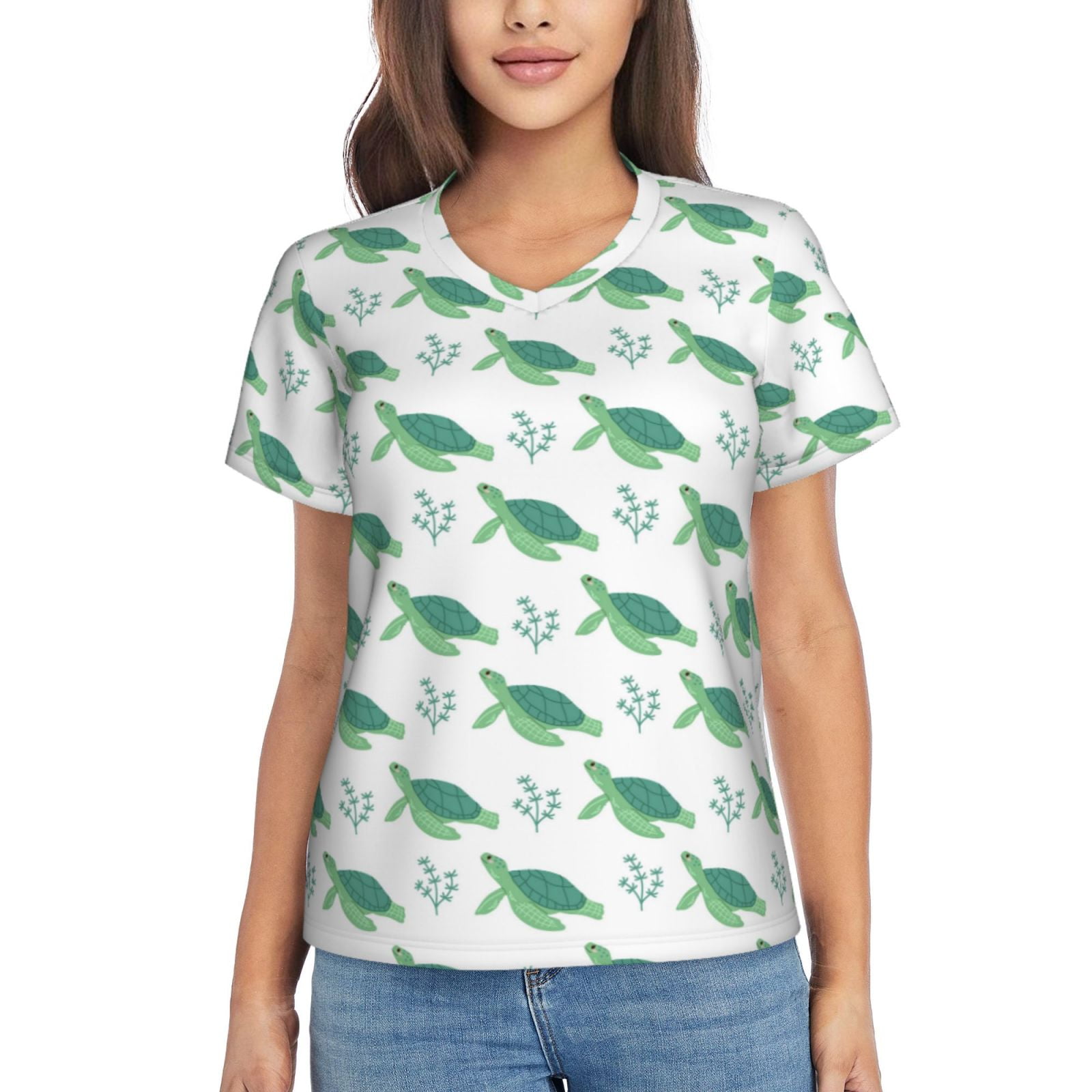Qekee Turtle for Women's V Neck T Shirts Half Sleeve Tops Summer Tees ...
