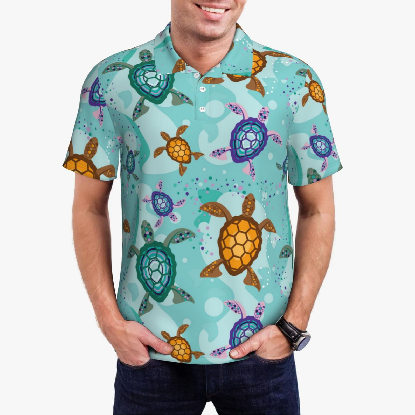 Qekee Turtles And Sea for Mens Polo Shirts Casual Short Sleeve Button ...