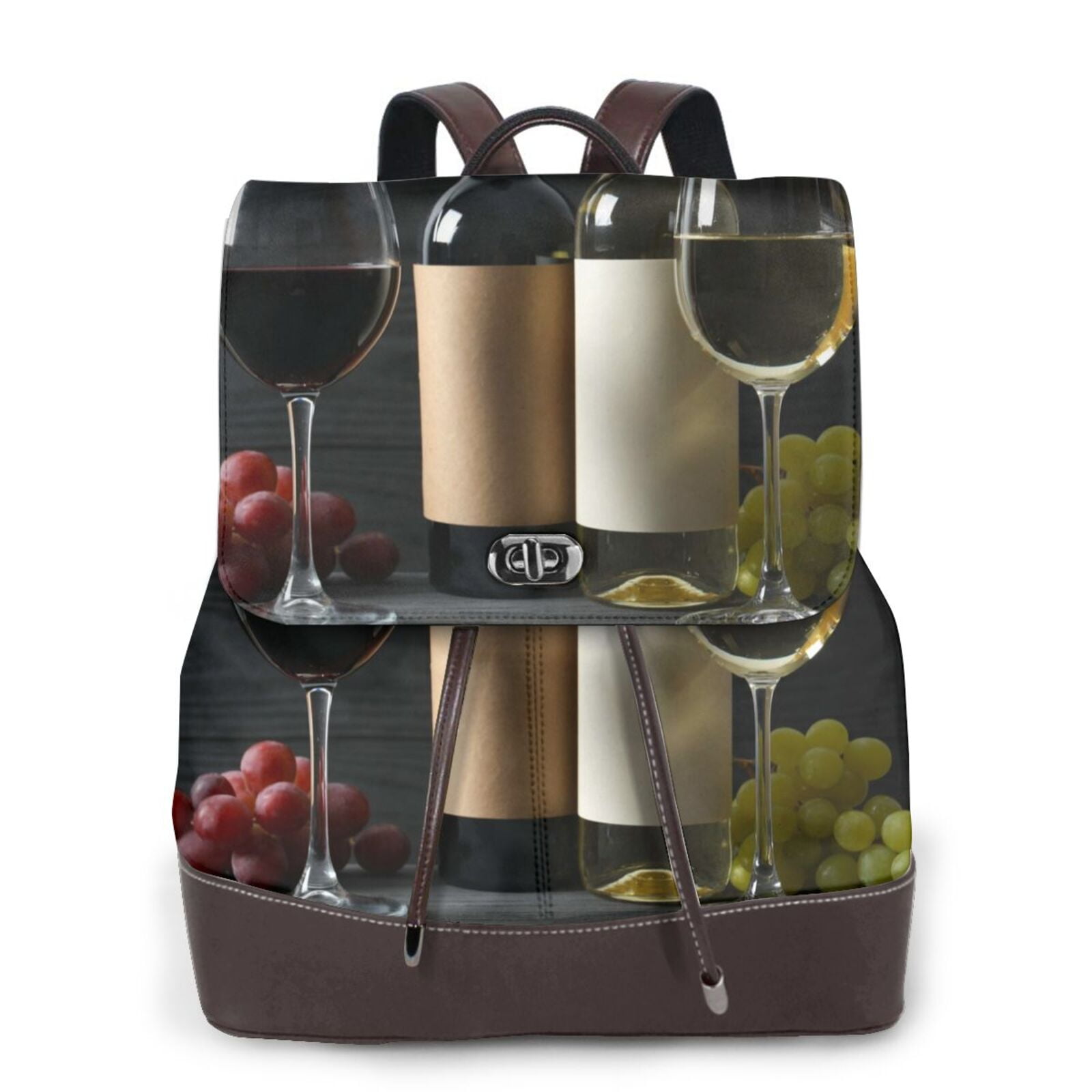 Qekee Two Bottles Of Red And White Wine Print Leather Backpack Purse ...