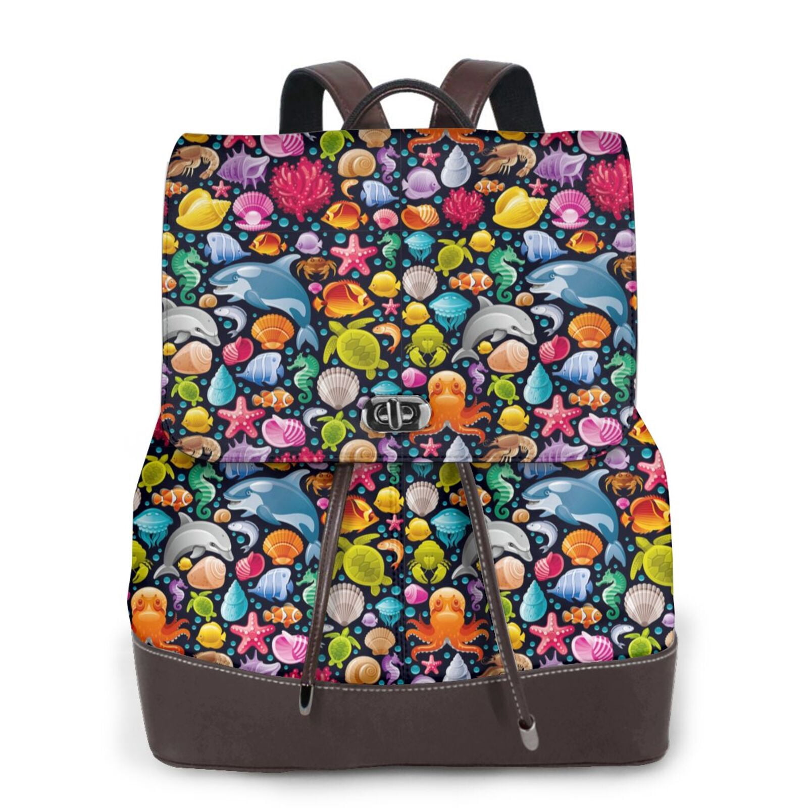Qekee Underwater Diving Animals Print Leather Backpack Purse for Women ...