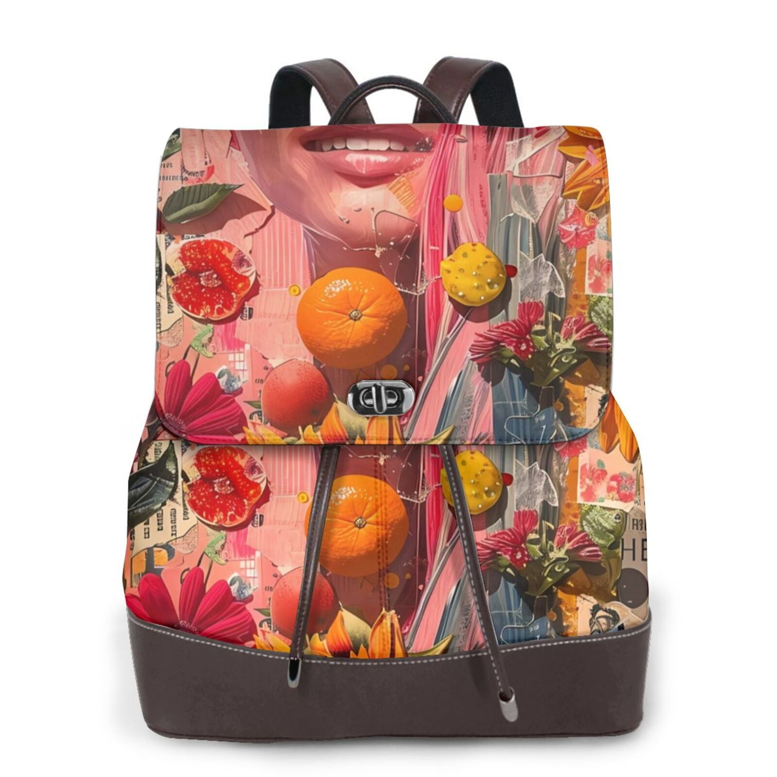 Qekee Vibrant Floral Collage Portrait Print Leather Backpack Purse for ...