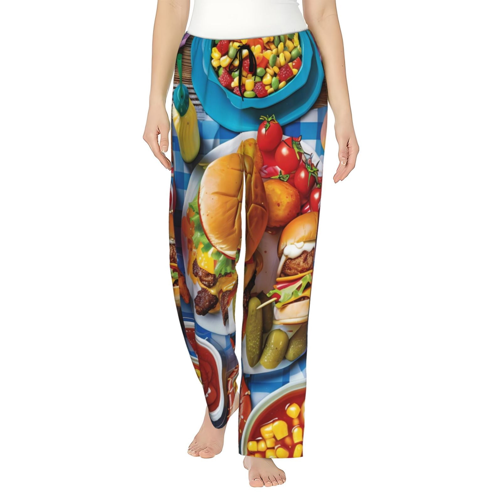 Qekee Vibrant Picnic Food Spread Print Women Lounge Pants,Pajama Pants ...