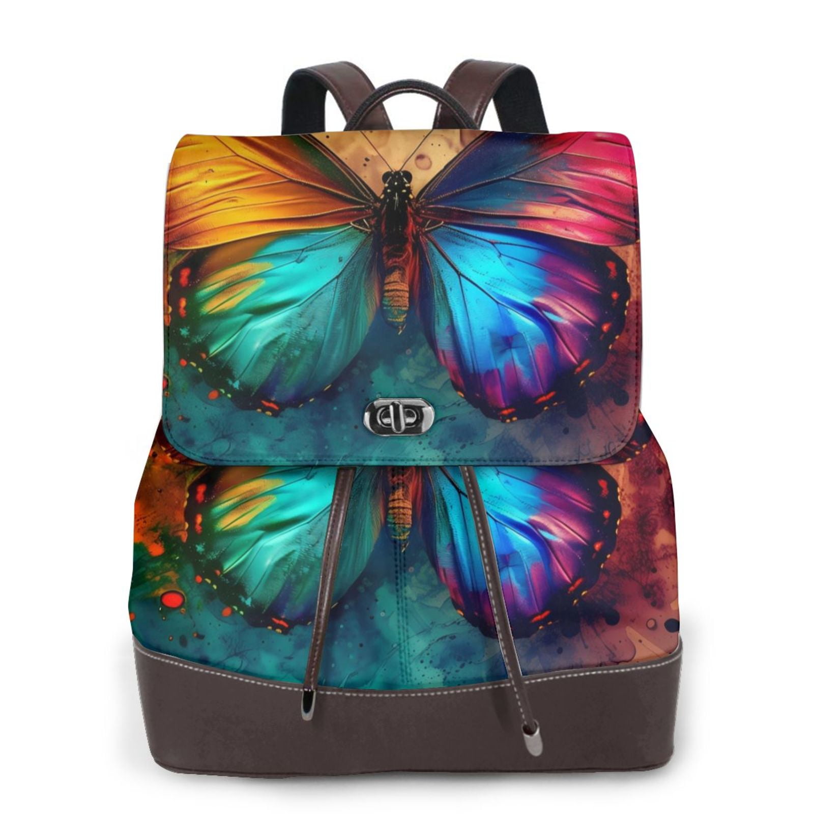 Qekee Vibrant Rainbow Butterfly A Print Leather Backpack Purse for ...