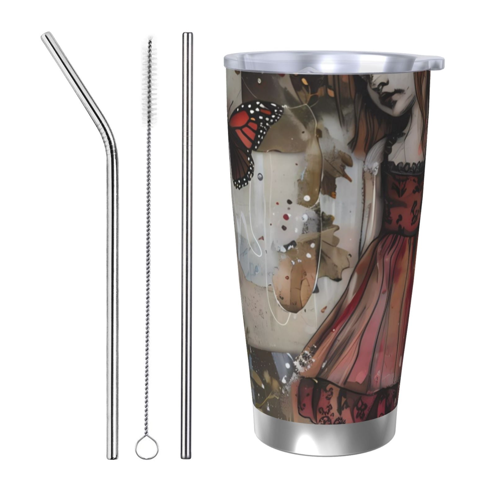 Qekee Vintage Collage Girl Butterfly Print 20OZ Car Cup,Stainless Steel ...