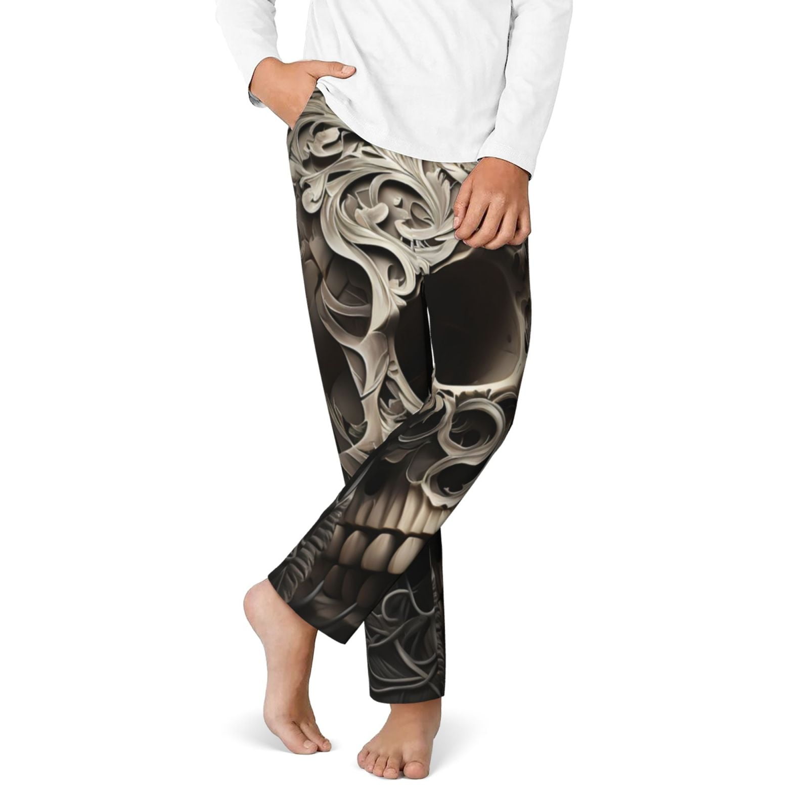 Qekee Vintage Pattern Flower Skull Print Kids Pajama Pants, Teenagers ...