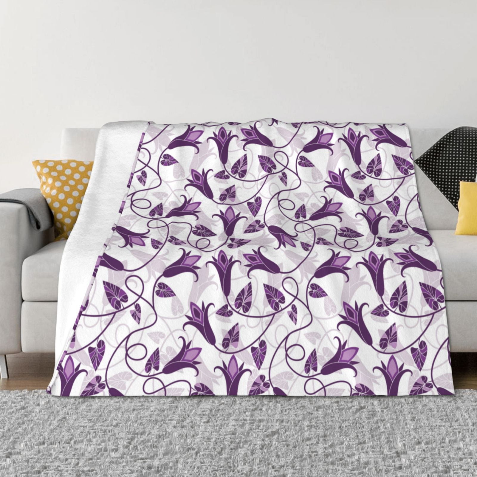 Qekee Violets Flowers print Throw Blanket, Cotton Flannel Home Decor, All Season Reversible ...