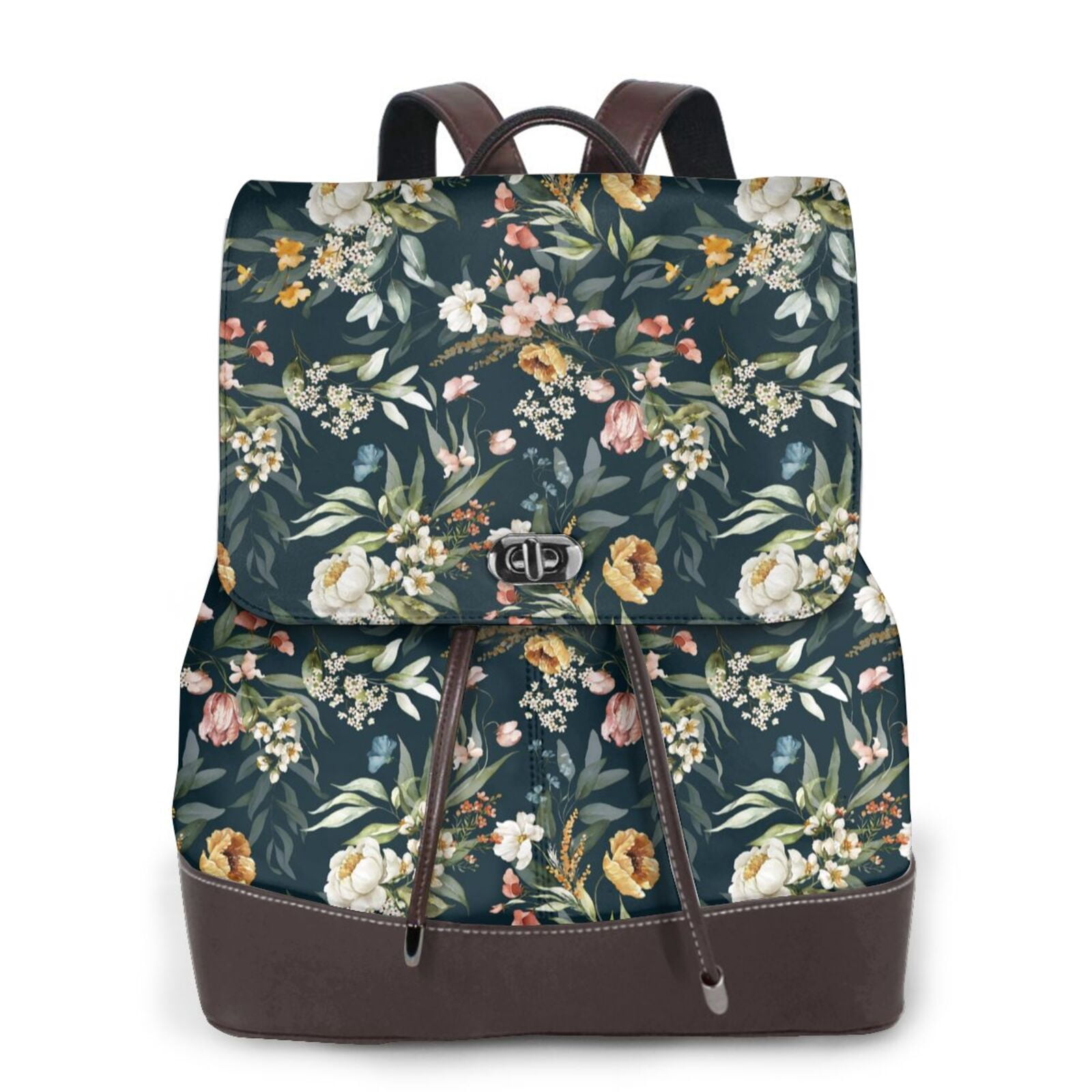 Qekee Watercolor Floral Print Leather Backpack Purse for Women,Ladies ...