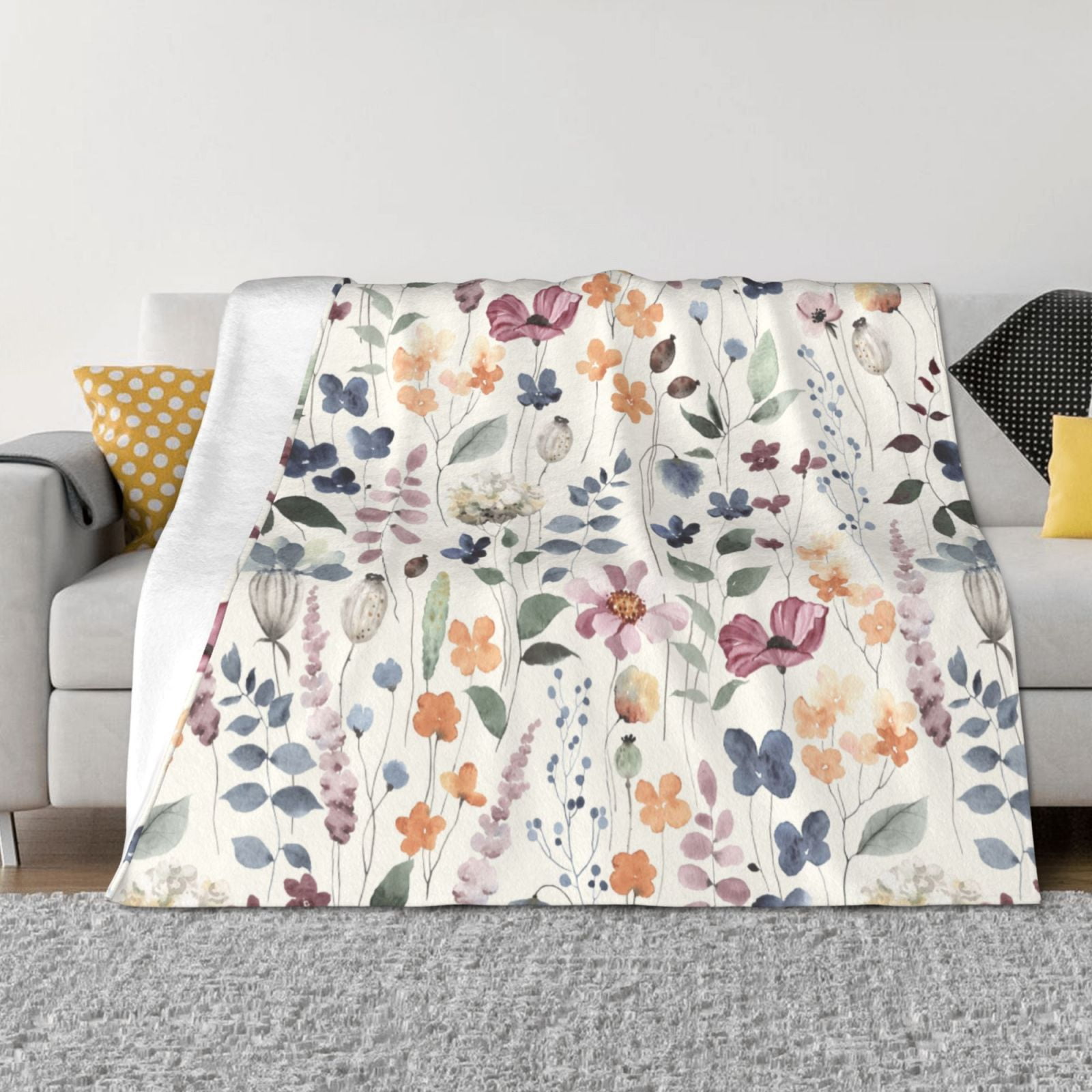 Qekee Watercolor Floral print Throw Blanket, Cotton Flannel Home Decor ...