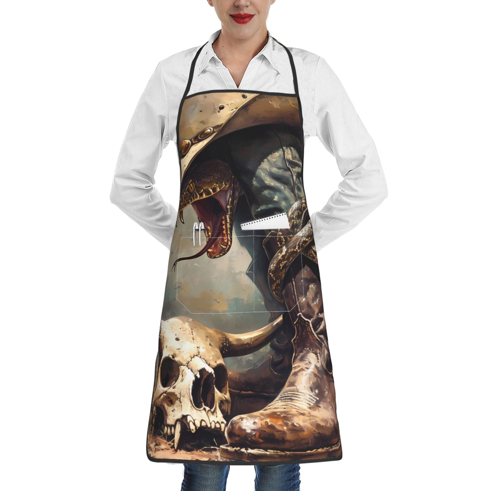 Qekee Western Cowboy Snake Ram Skull Print Adjustable Bib Apron ...