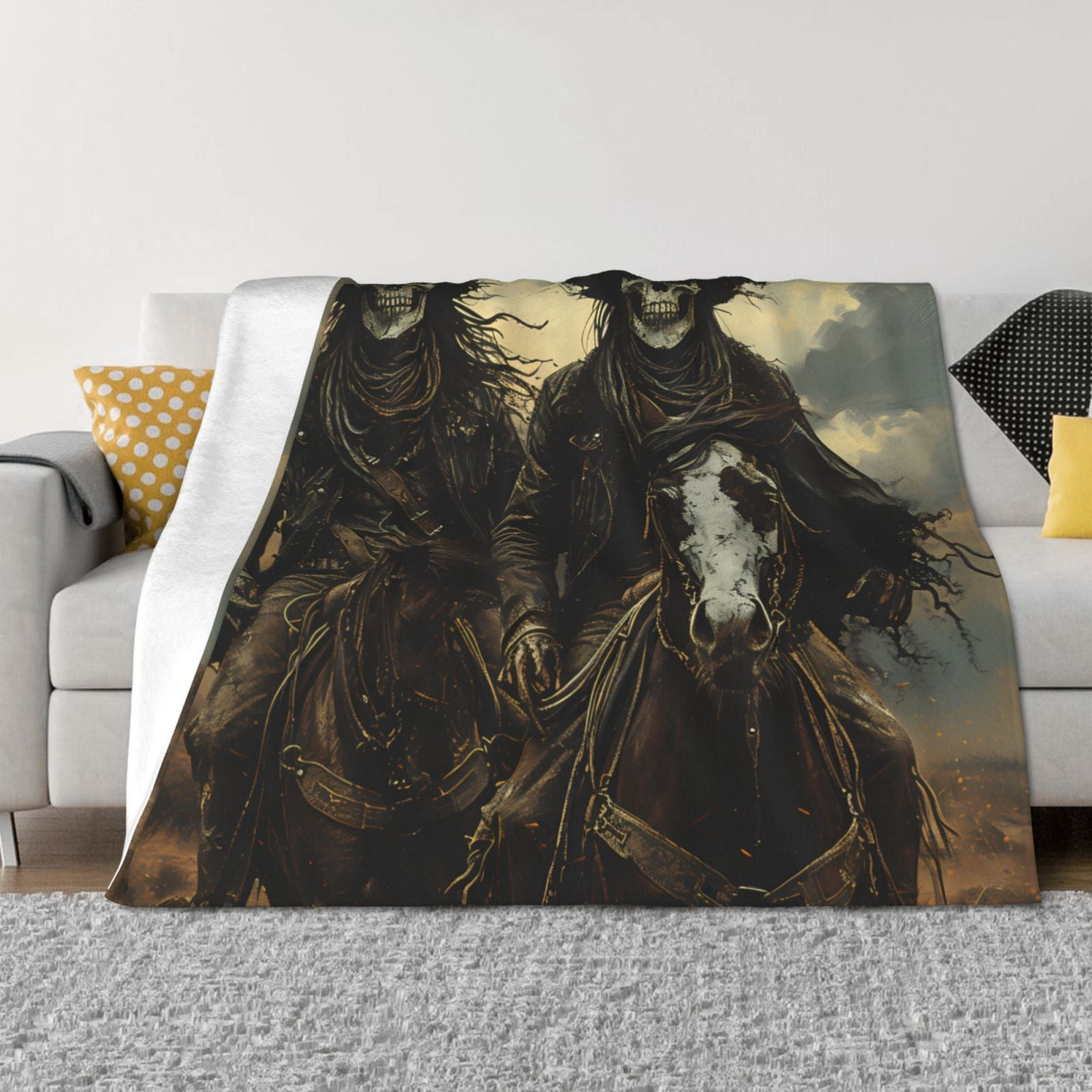Qekee Western Desert Skull Cowboy print Throw Blanket, Cotton Flannel ...