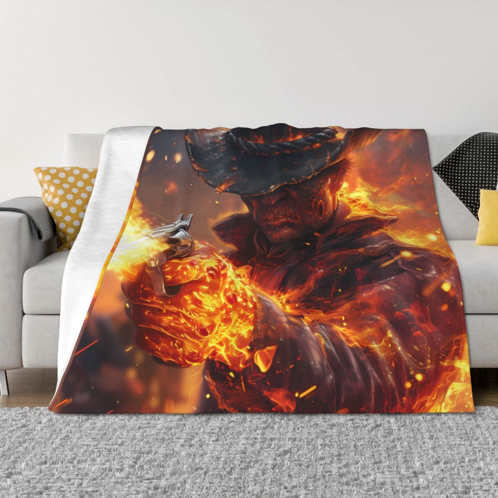 Qekee Western Fire Cowboy print Throw Blanket, Cotton Flannel Home ...