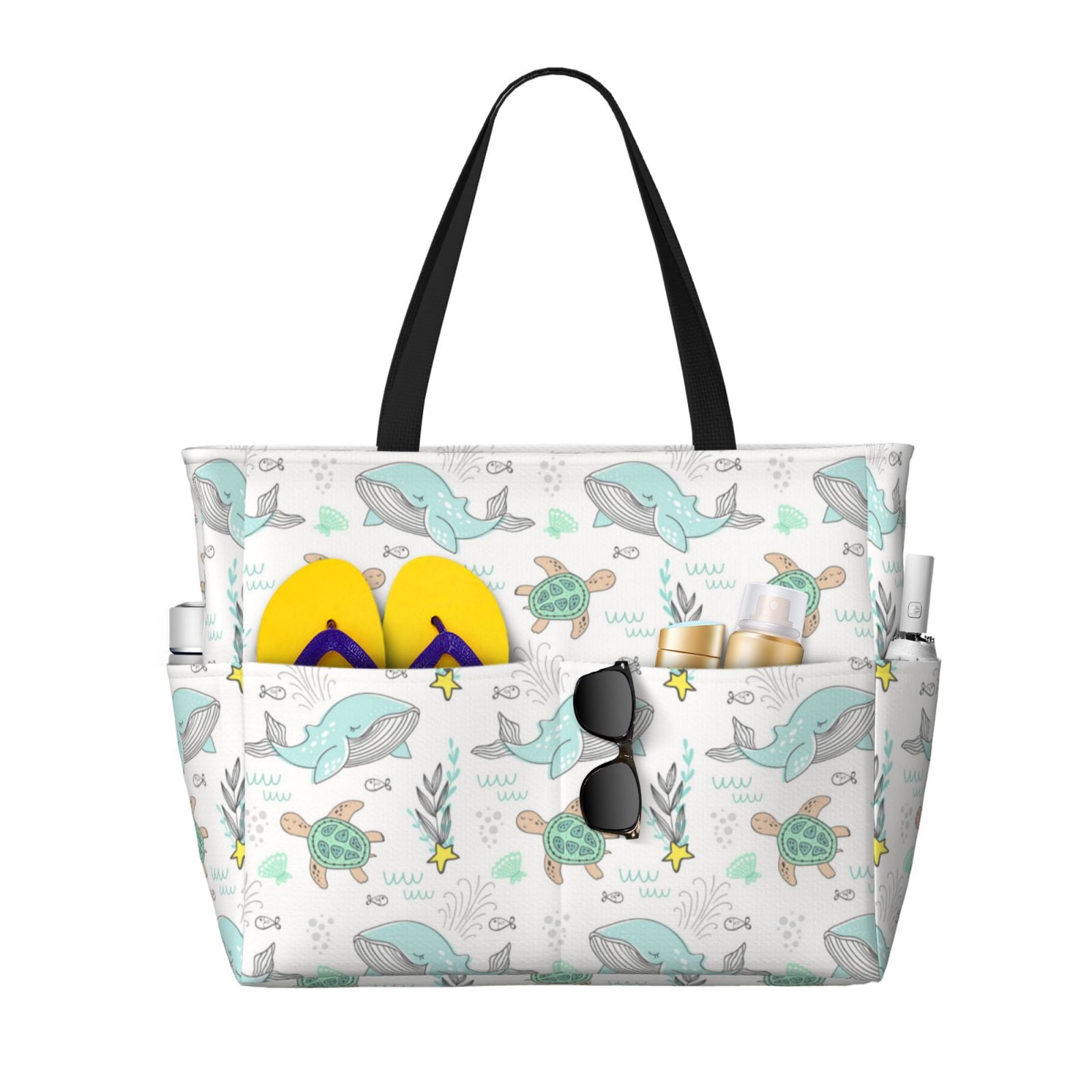 Qekee Whale And Turtle Print Beach Bag, Waterproof Sandproof Beach Tote ...