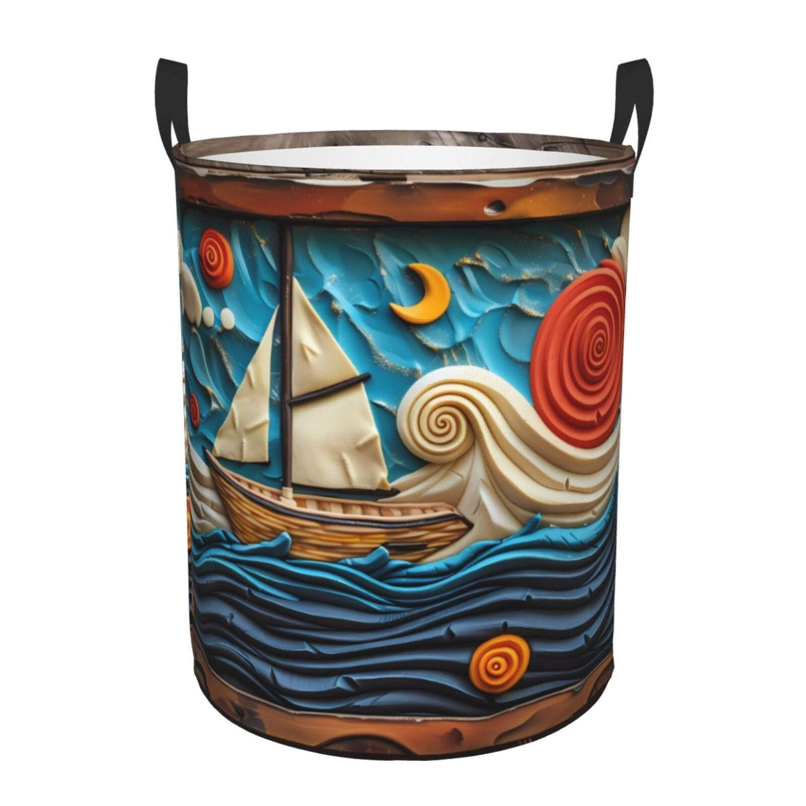 Qekee Whimsical Sailboat Ocean Art Print Laundry Hamper Basket, Laundry ...