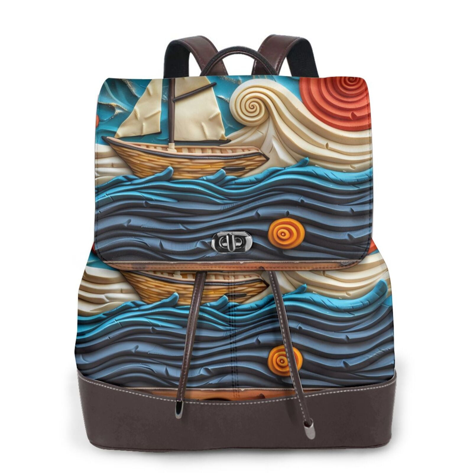 Qekee Whimsical Sailboat Ocean Art Print Leather Backpack Purse for ...
