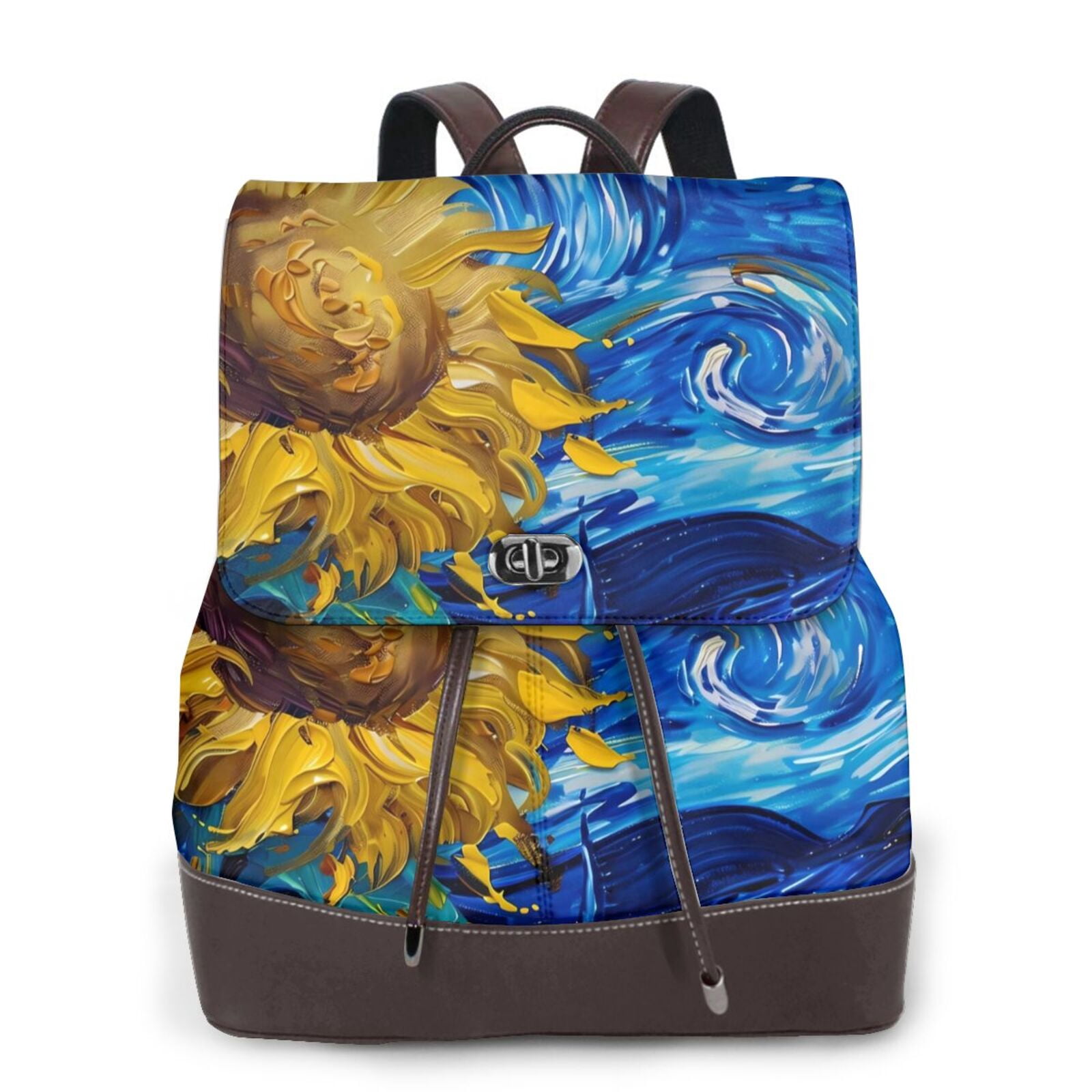 Qekee Whimsical Sunflowers Night Sky Print Leather Backpack Purse for ...