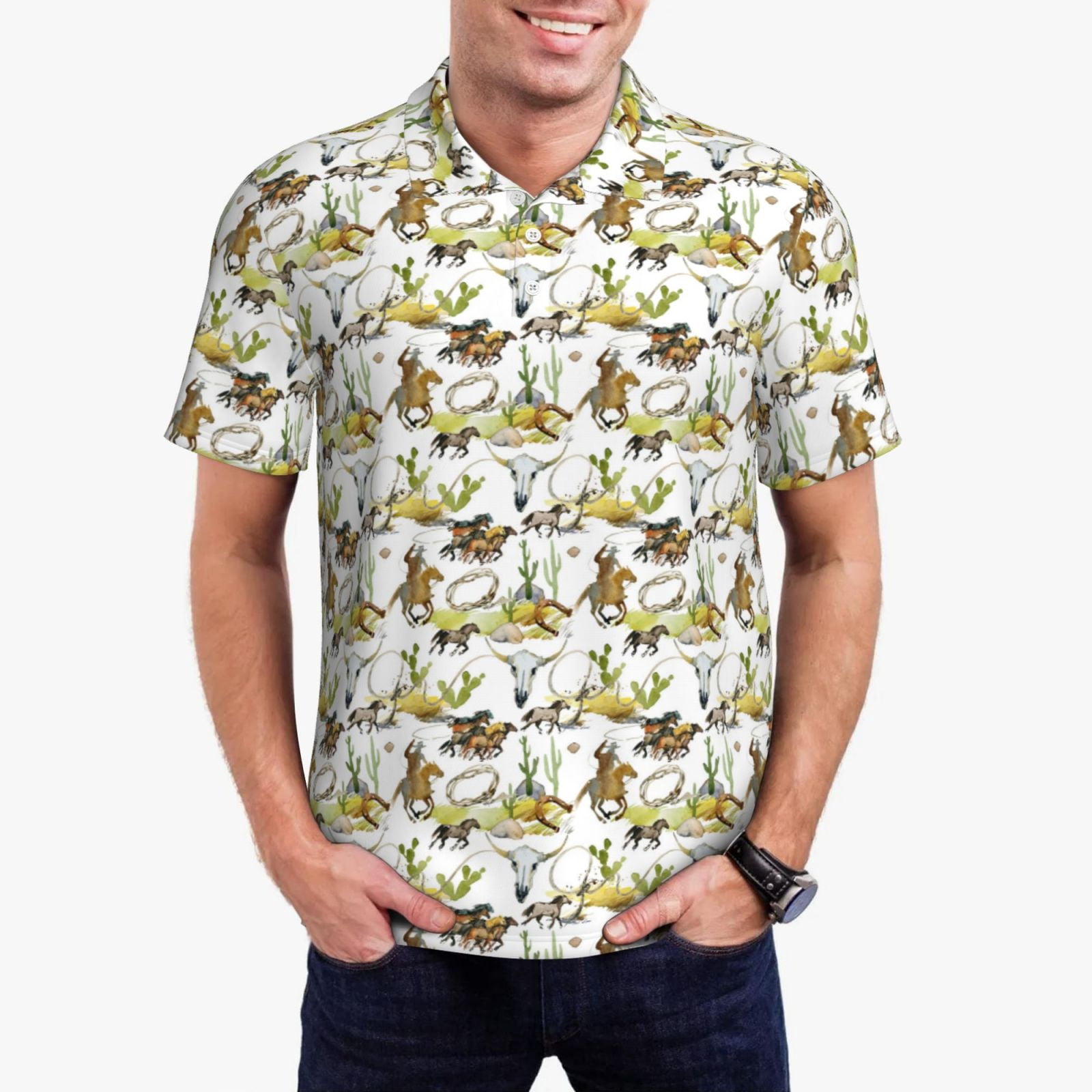 Qekee Wild West Western for Mens Polo Shirts Casual Short Sleeve Button ...