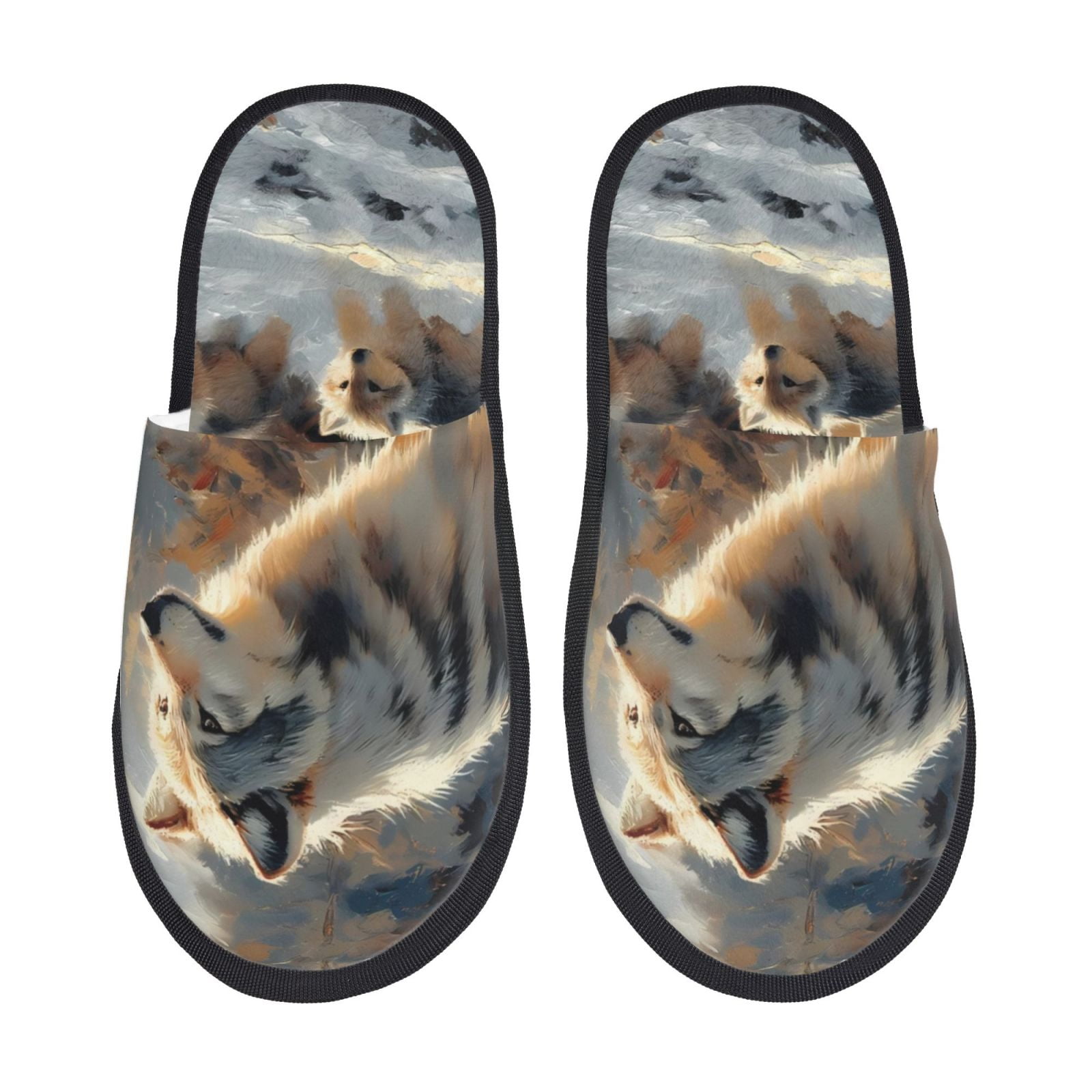 Qekee Wolf Family Winter Wonderland Print Furry Slippers for Women and ...