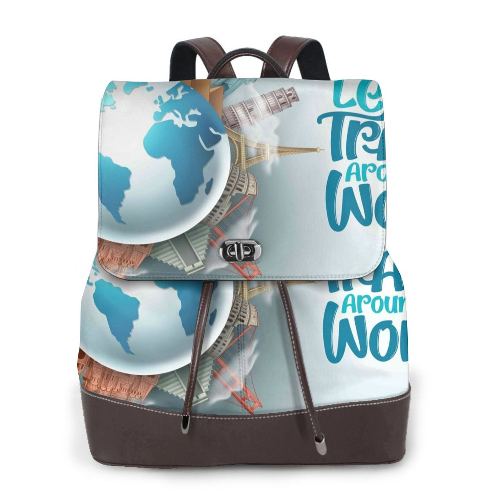 Qekee Let's go Travel Around the World Print Leather Backpack Purse for ...